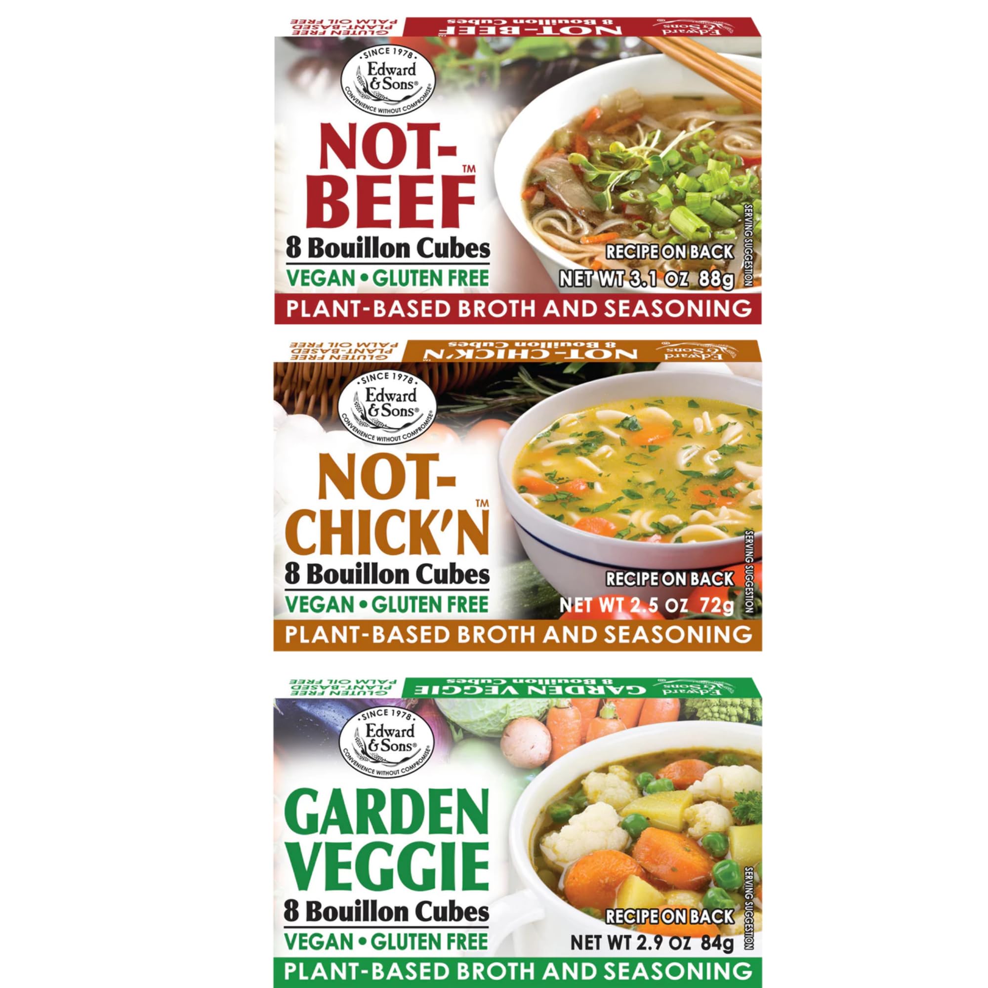 Edward & Son's Vegan Chicken Beef Vegetable Bouillon Cubes – Vegan Broth Cubes, Gluten Free, No Trans Fat, Use in Soups, Stews and Pilafs (8 Cubes of Each)