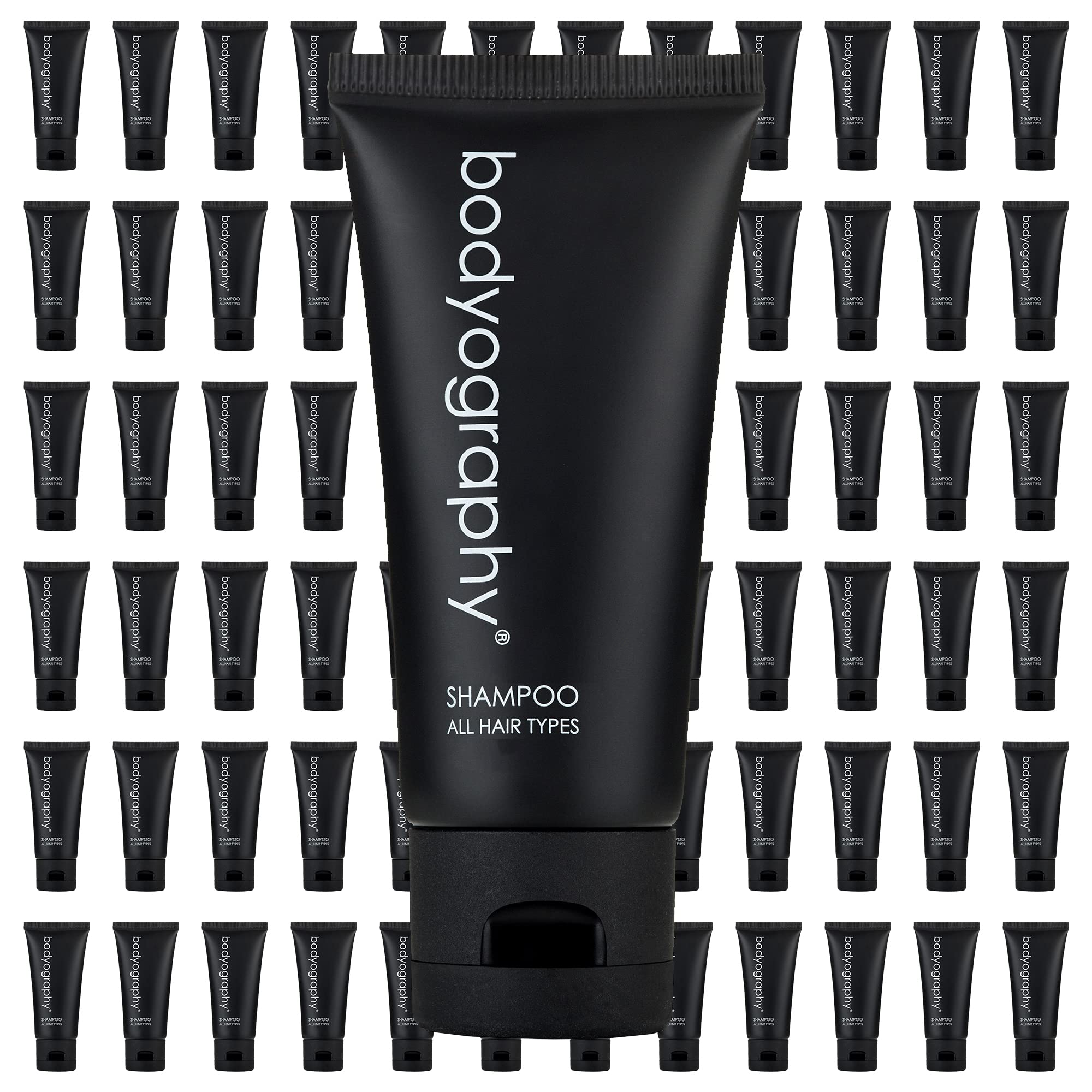 World Amenities - Bodyography - Bulk Shampoo | 50 Count, 1.4oz | Lavender Peppermint, Mini Travel Size Toiletries (100% Recyclable Tube with Flip Top Cap) Hotel Amenities, Suitable for All Hair Types
