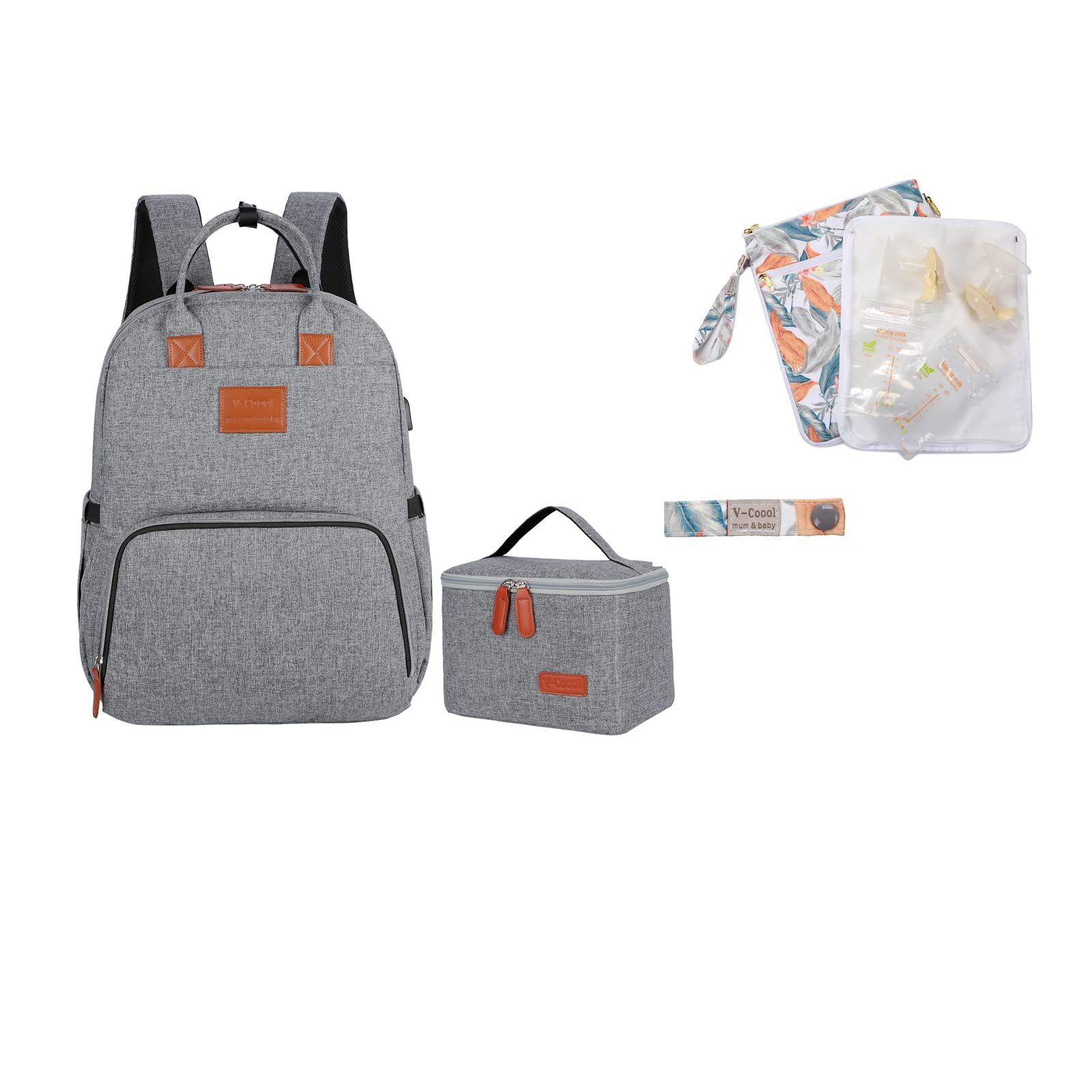 V-COOOL Breast Pump Bag Backpack for Work Mom (Gray) and Breast Pump Parts Wet Bag(Leaves)