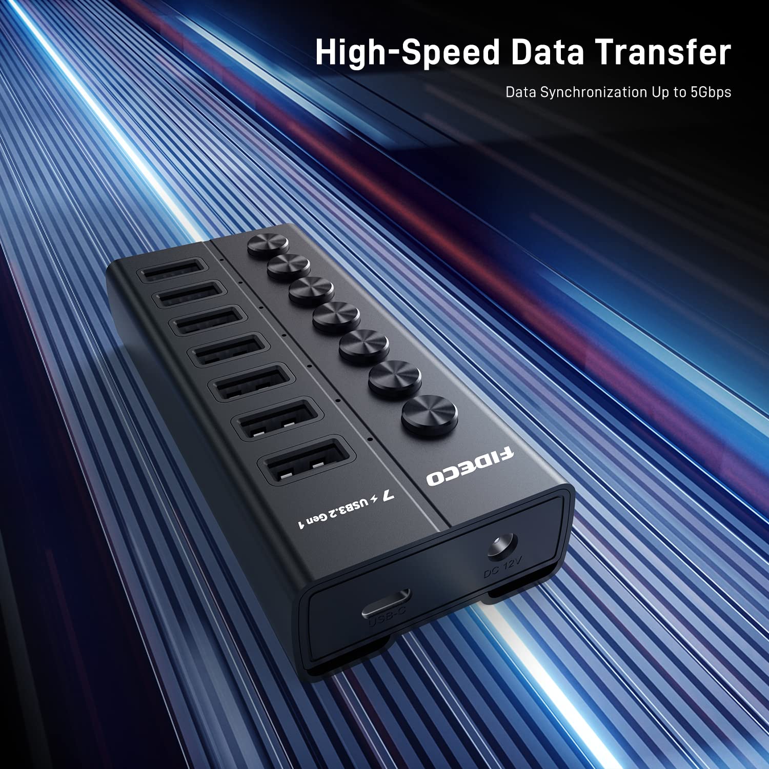 FIDECO Powered 4-Port USB Hub, USB 3.2 Gen 1 Data Hub with Independent On/Off Switch, USB Splitter with USB C to C Cable, USB A to C Cable and Power Adapter