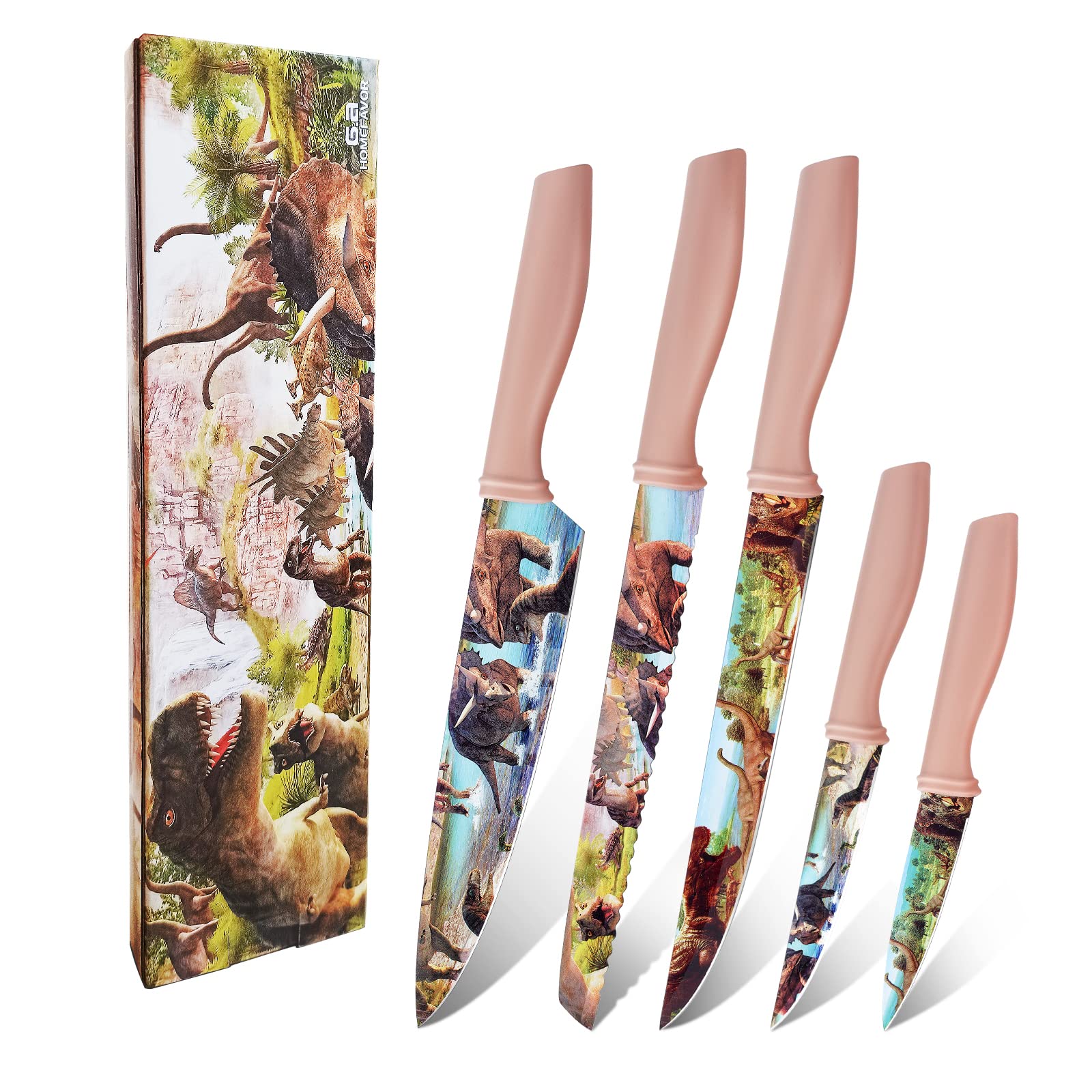G.a HOMEFAVOR Knife Set, Chef Knives with Dinosaur Pattern, 5-piece Kitchen Knife Set Nonstick Coated with 5 Blade Guard, Gift Box Perfect as a Christmas gift