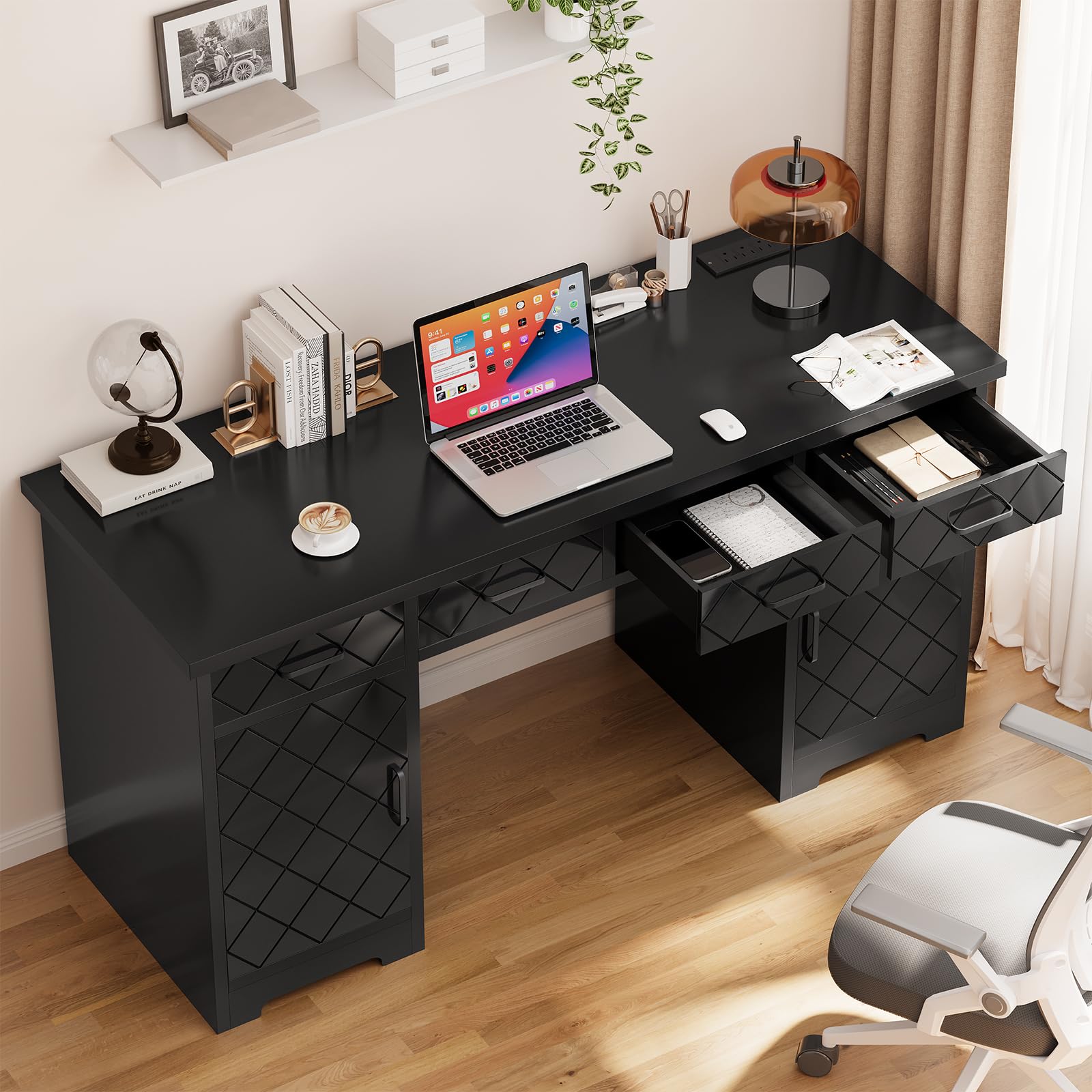 Jojoka 55" Executive Desk, Wood Computer Desk with Drawers and Cabinet, Home Office Desk with Charging Station for Work Study Writing