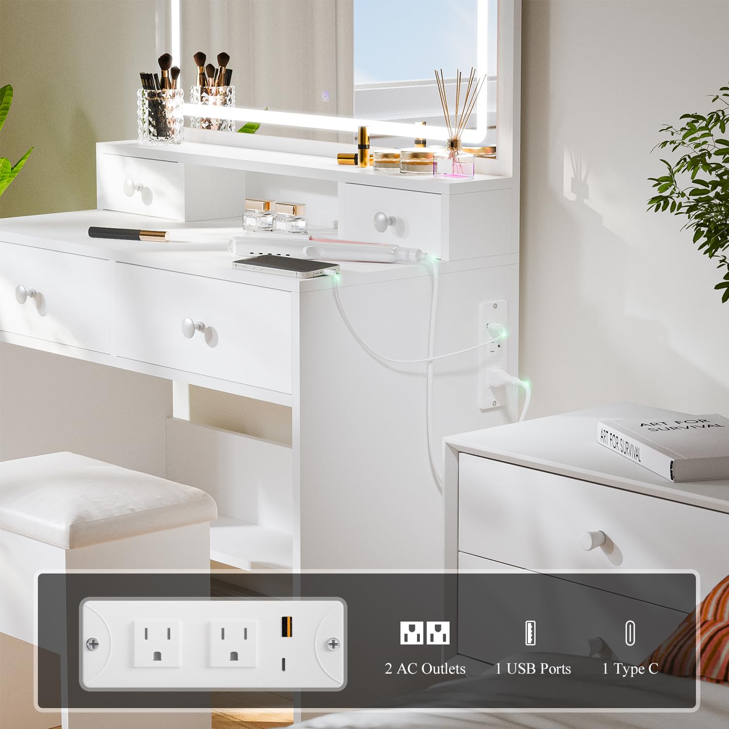 Haewon Vanity Desk with Mirror and Lights, Makeup Vanity Set with 4 Drawers, Power Outlets, and USB Ports, White Vanity with LED Vanity Mirror