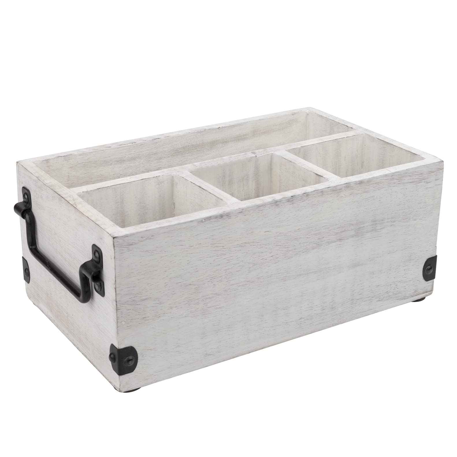 GoCraft 4 Compartment Flatware Caddy, Cutlery Holder, Silverware Condiment Organizer with Napkin Holder for Kitchen, Dining, Picnics, White Washed Mango Wood Caddy with Metal Handles