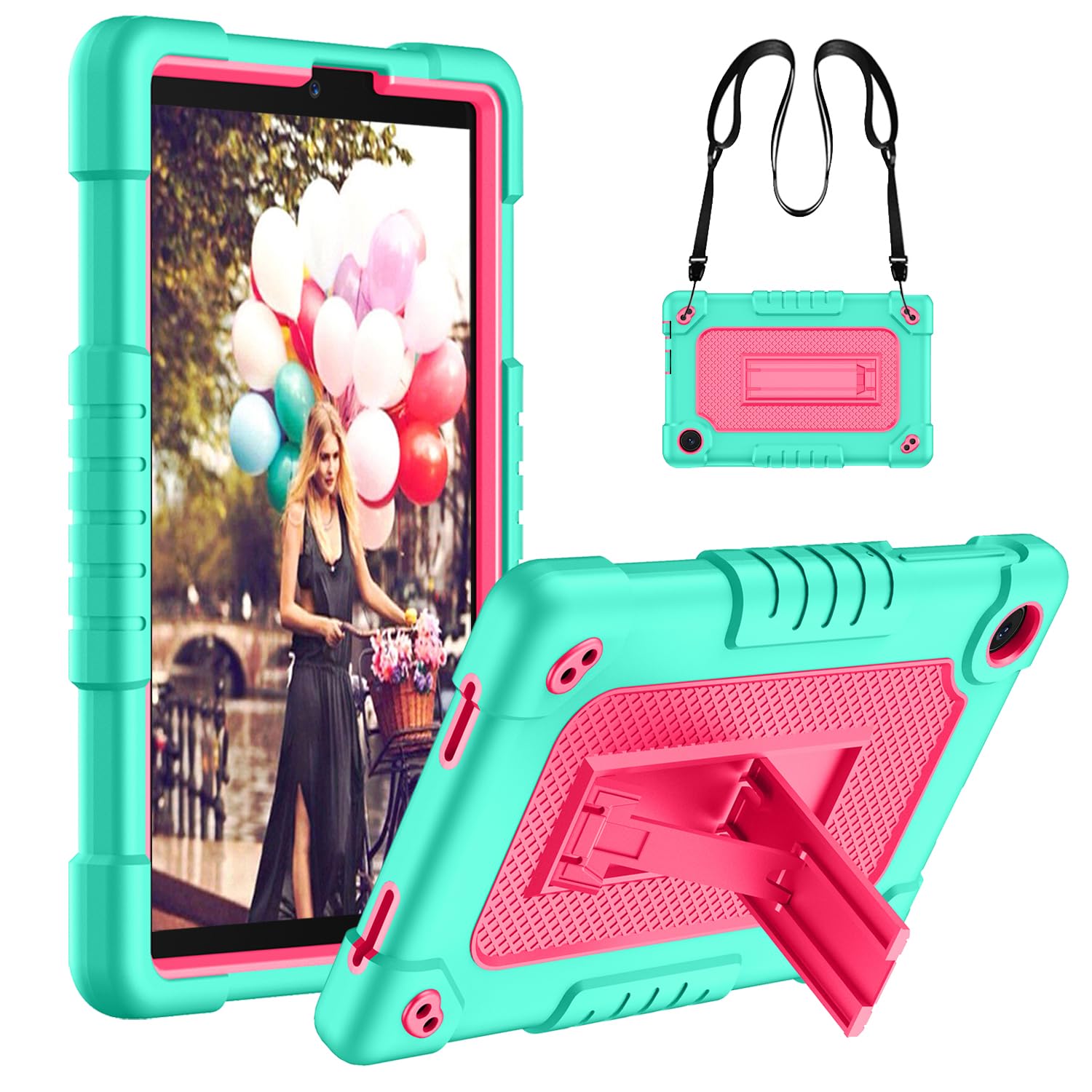 FIEWESEY for TCL Tab 8 LE Tablet Case,for TCL Tab 8 Plus Tablet Case,Shoulder Strap Shockproof Kids Friendly Case for TCL Tab 8 LE/TCL Tab 8 WiFi/TCL TAB 8V/TCL Tab 8 SE 8 Inch Tablet(Green/Pink)