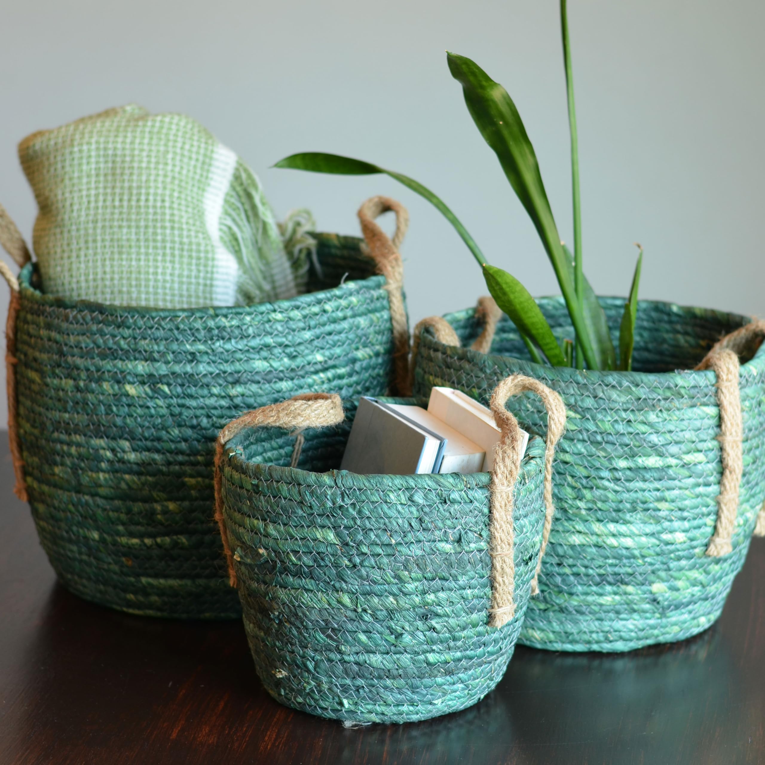 Farmers 3 Piece Basket Set, Green Dye Soaked Floor and Shelf Organizers, Corn Husk Wicker, Durable Chunky Rope Weave, Handles, Stitched, Reinforced, Rustic Home Decor, Round, 13, 11, 9 Inches