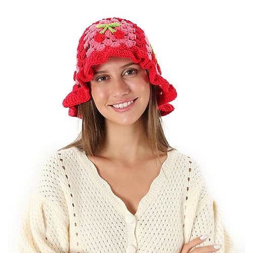Fiewmay Crochet Bucket Hat for Women Handmade Floral Hat Portable Knitted Elastic Cute Beach Hat for Vacation Traveling(Cherry Red)