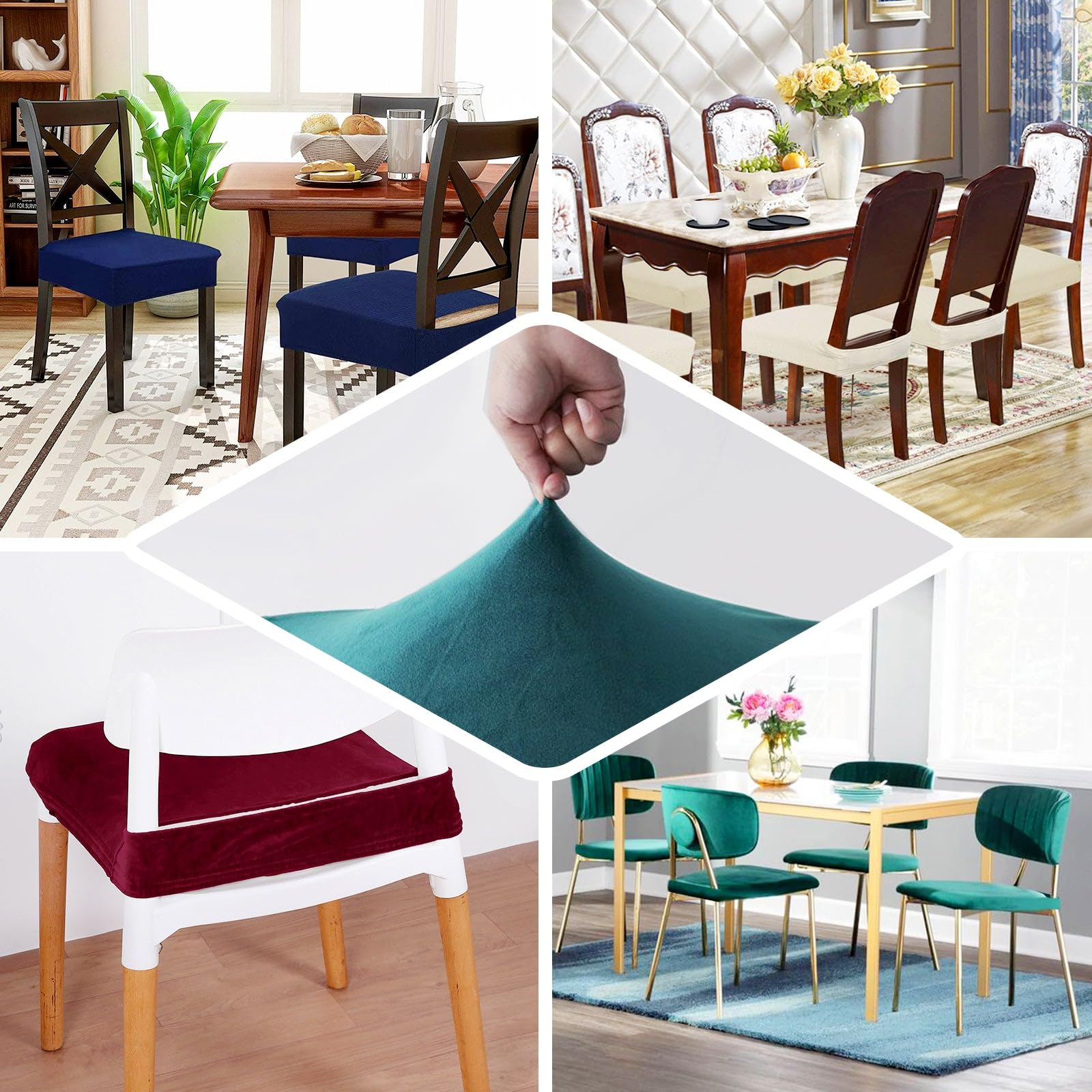 Efavormart Hunter Green Velvet Dining Chair Seat Cover, Stretchable Chair Cushion Cover with Tie Removable Washable Upholstered Protector Seat Slipcovers for Dining Room, Office