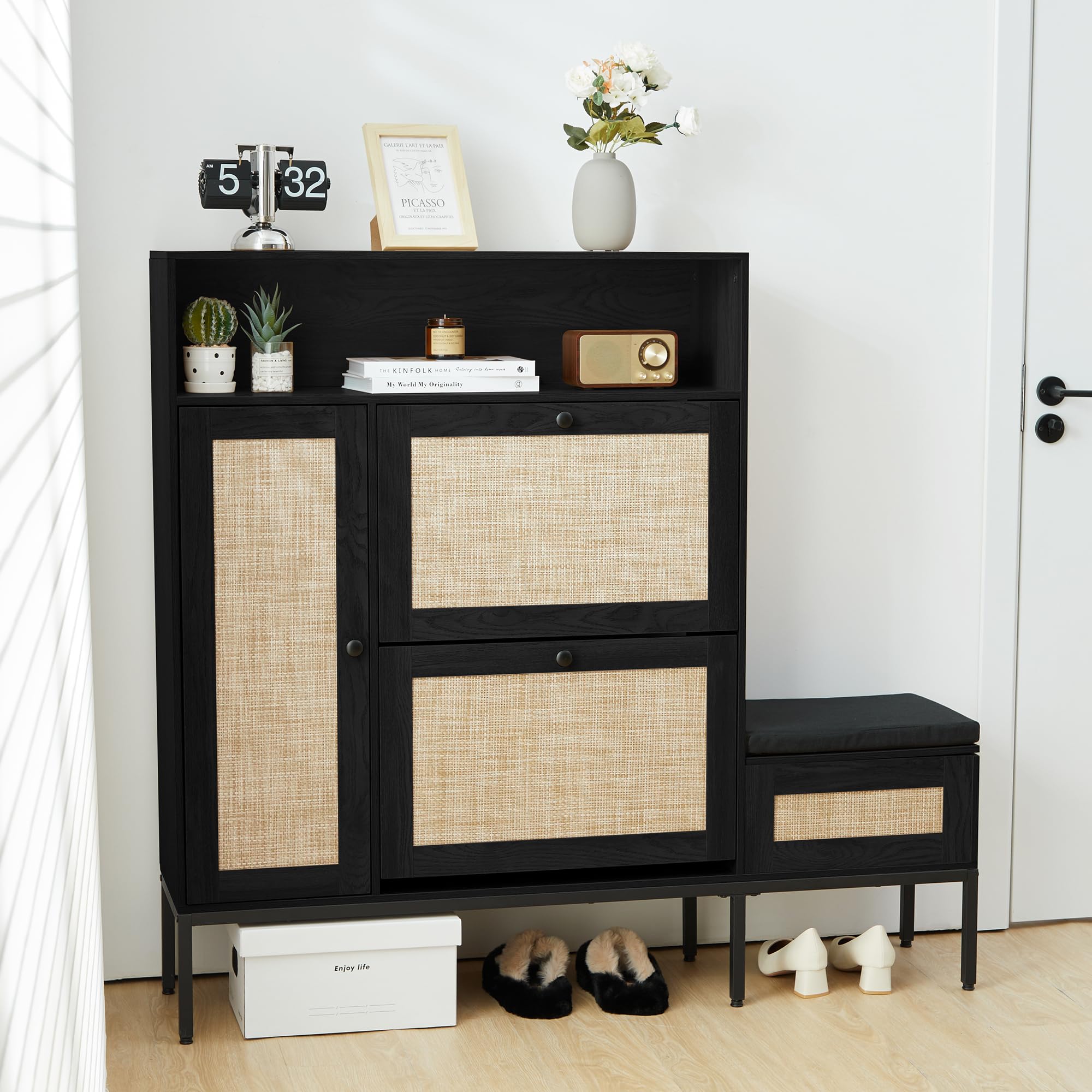 NVETHM Shoe Cabinet, Shoe Storage Cabinet with Two Rattan Doors and Adjustable Shelves, Free Standing Shoe Rack for Entryway, Living Room (Natural-1)