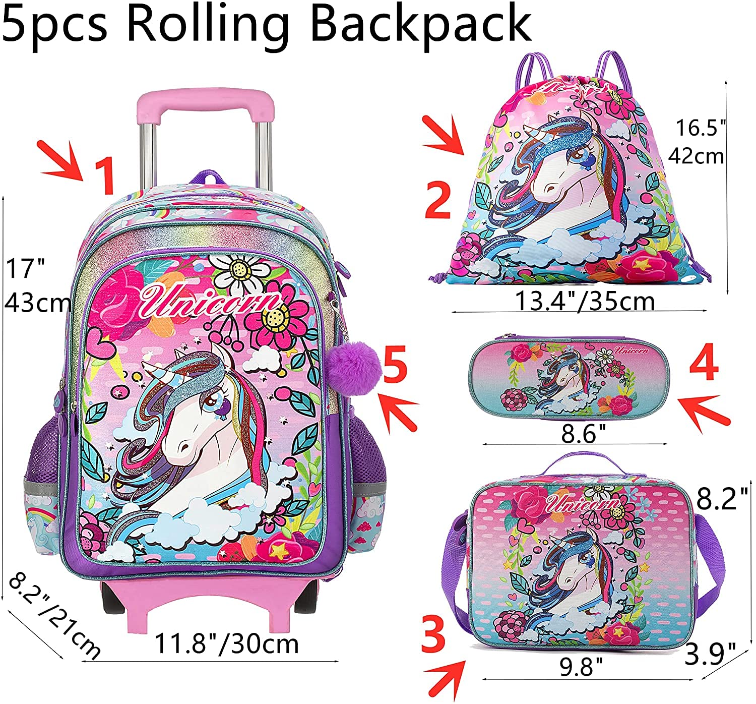 Egchescebo Kids Rolling School Backpack Bags for Girls With Wheels Trolley Roller Wheeled 5PCS With Lunch Box Cute Unicorn Pattern Rolling Backpacks Bags Girls Pink