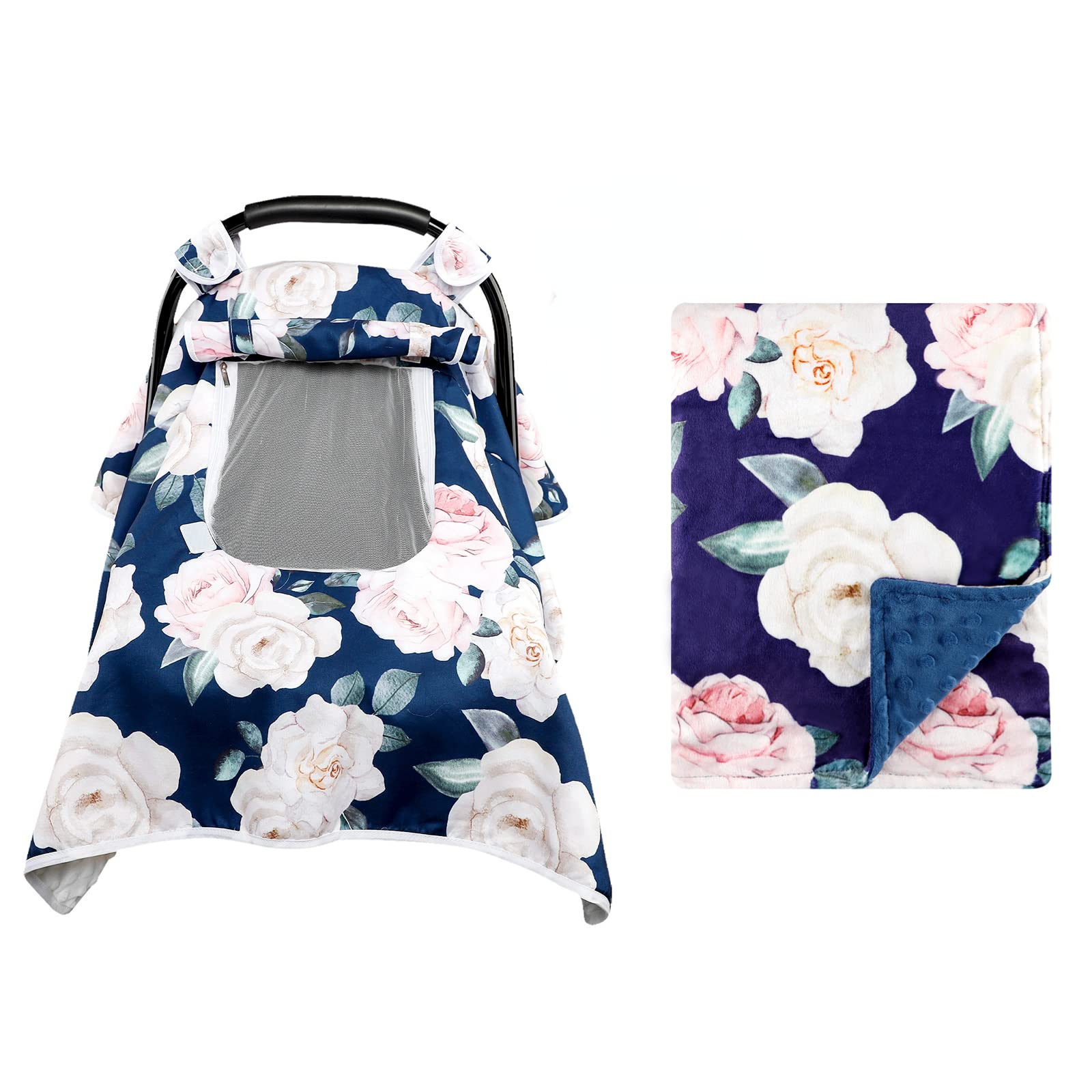 Hooyax Carseat Canopy Cover with Peep Window and Baby Blanket for Girls, Soft and Comfortable,Floral