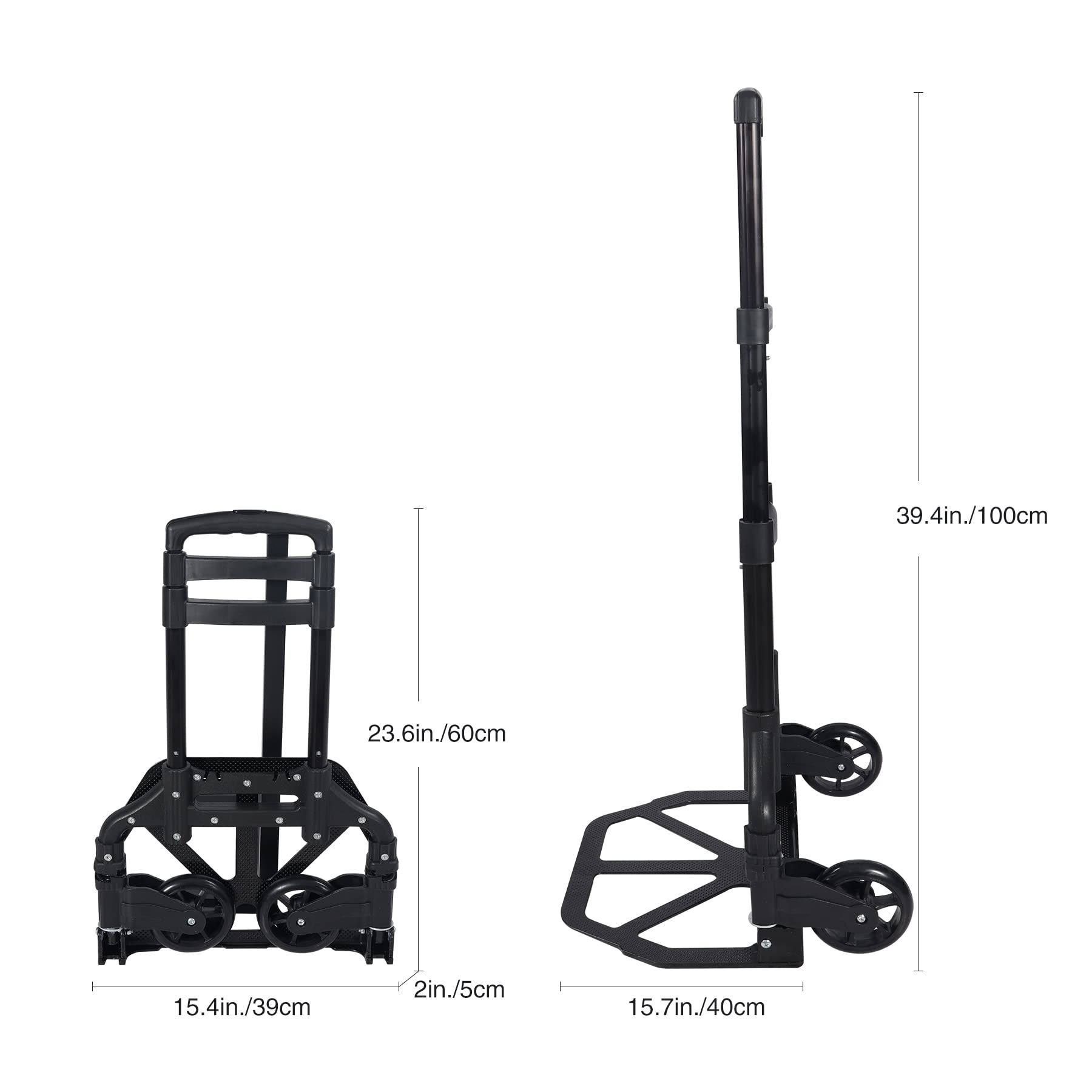 Varbucamp Folding Hand Truck with Telescoping Handle, 165lbs Capacity Aluminum Portable Luggage Trolley Cart, Hand Cart and Dolly with Black Bungee Cord and Rubber Wheels, Black