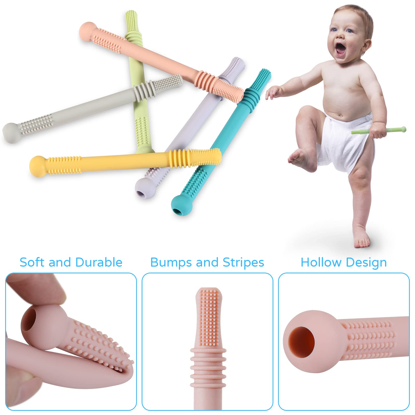 HAILI XMGQ Hollow Teething Tubes for Babies,6 Pack Chewy Straw Toy,Safe Silicone Baby Teethers Teething Toy 0-6 Months 6-12 Months
