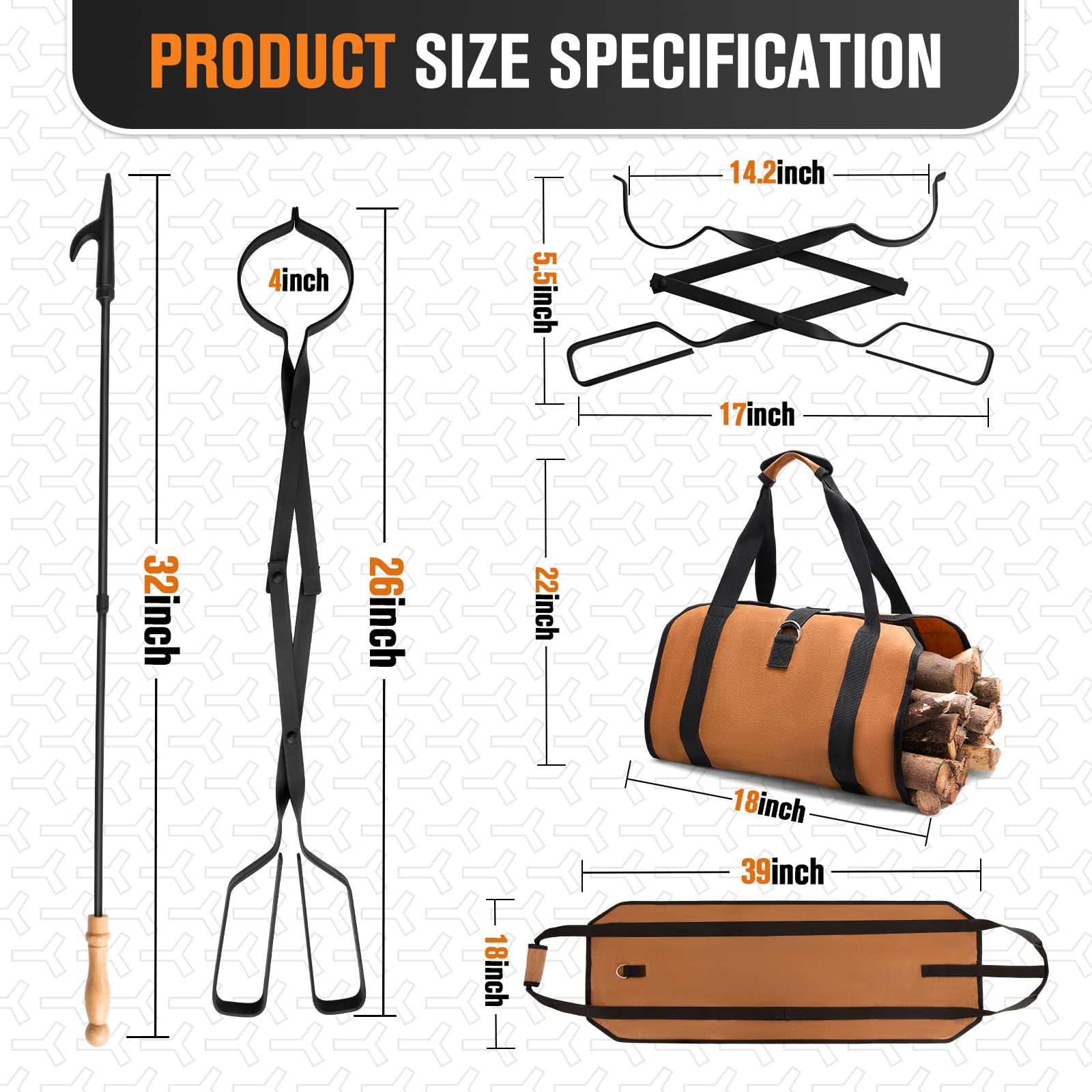 Firewood Carrier + Fire Poker + Fireplace Tongs - Fire Pit Tools for Indoor and Outdoor Use, Log Carrier for Firewood, 32 Inch Fire Poker, 26 Inch Fire Tongs, Fireplace Tools