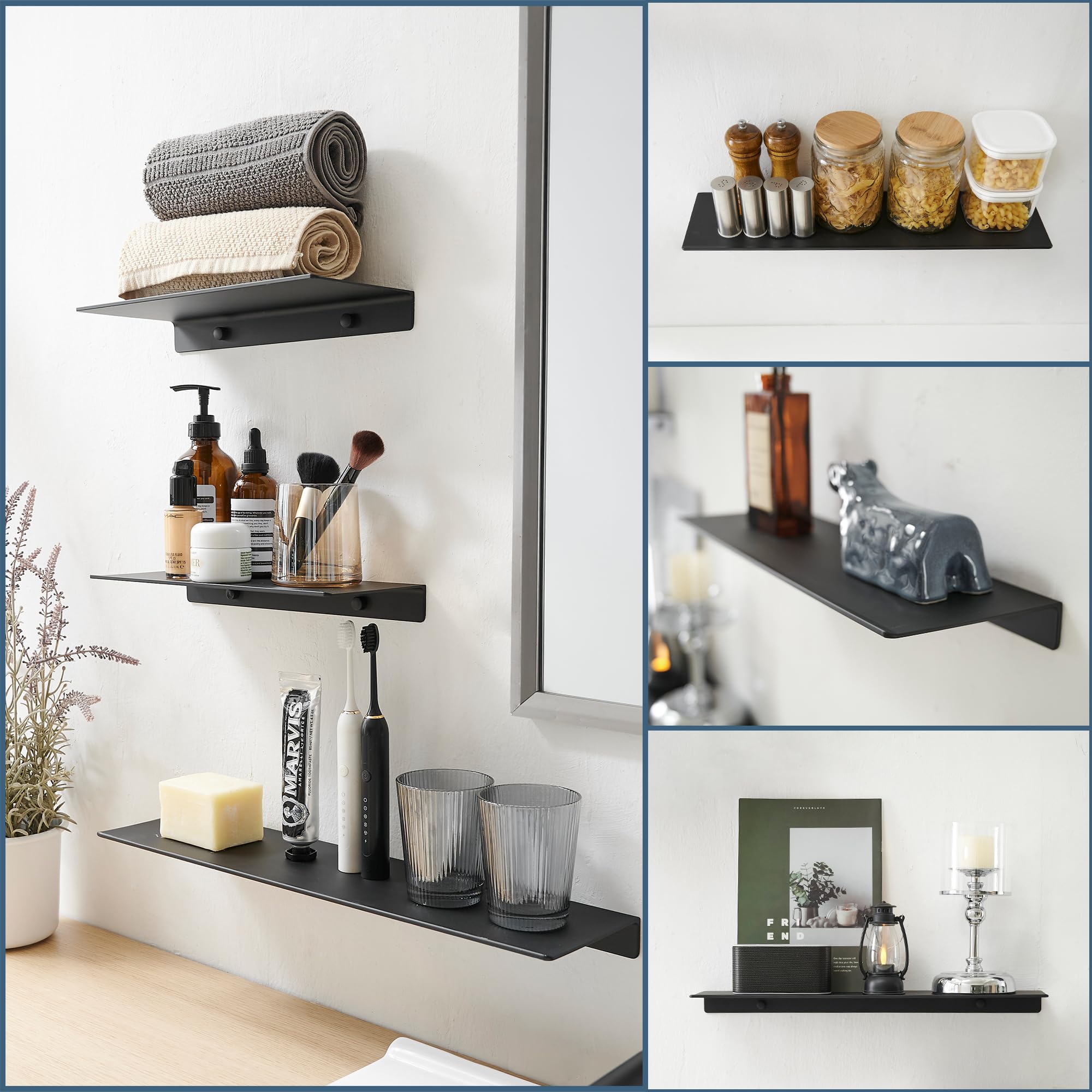 JOOM Small Metal Wall Floating Shelf - Metal Wall Shelf, Black Floating Shelf, Small Bathroom Shelf, Display Shelves for Wall Storage (Black, 8Inch)