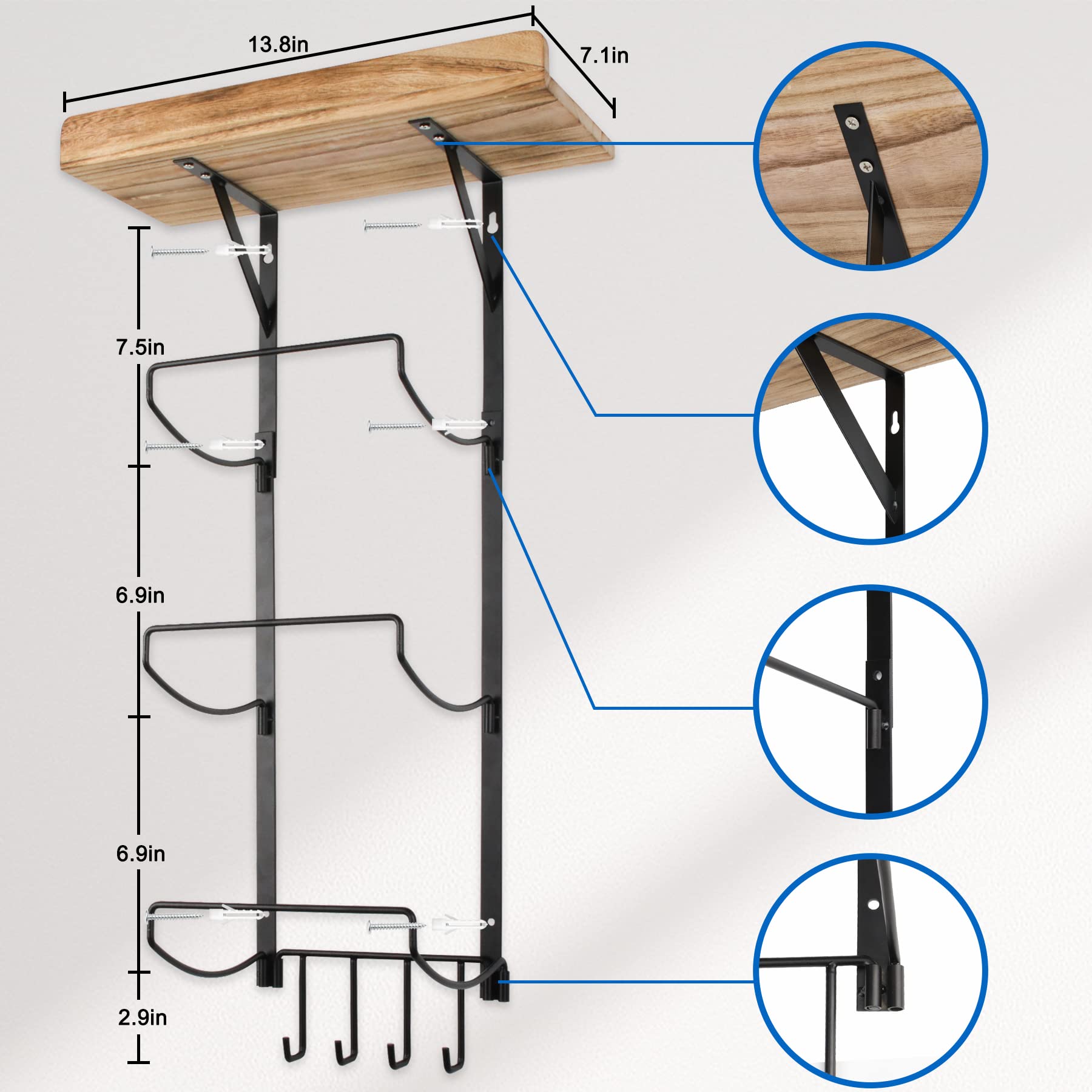 FIRJOY Wall Mount Yoga Mat Holder & Foam Roller Rack with Hooks and Shelf for Yoga Mat, Foam Roller Storage, Home Gym Accessories Organization