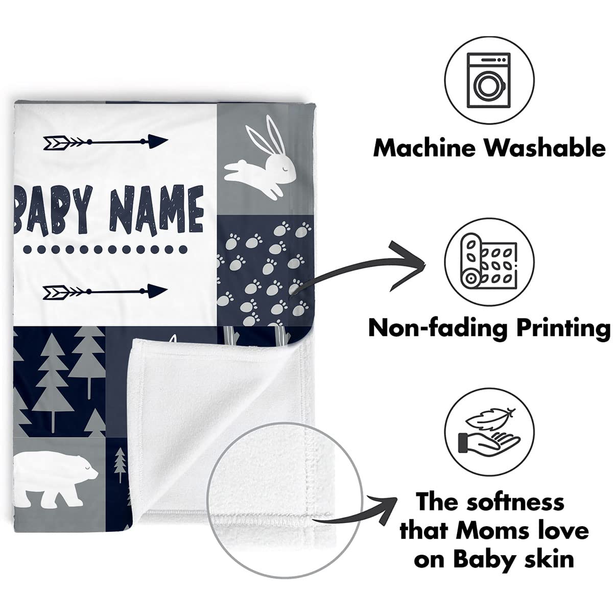 Ruby Star Personalized Baby Blanket for Boy, Cozy Plush Fleece Blanket, Custom Baby Name, Includes Baby Onesie and BIB, Bankets for Kid (Woodland), Full