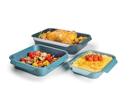 Joseph Joseph Nest Bakeware and Roasting Pan Set of 3, Stackable Oven Trays, Carbon Steel Baking Pans with Non-Stick Coating, Easy-Pull Handles, Organized Kitchen Storage