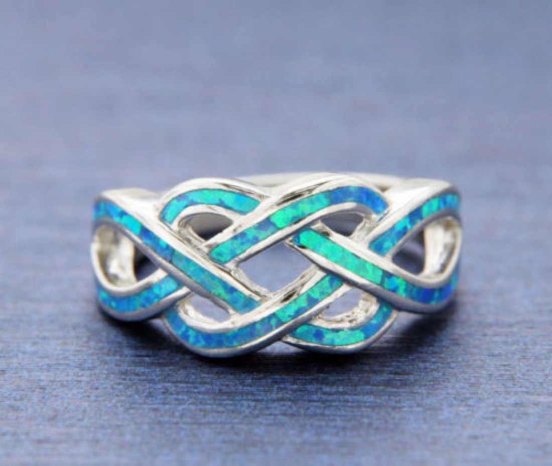 Crisscross Infinity Celtic Created Blue Opal Ring 925 Sterling Silver, Size - 5