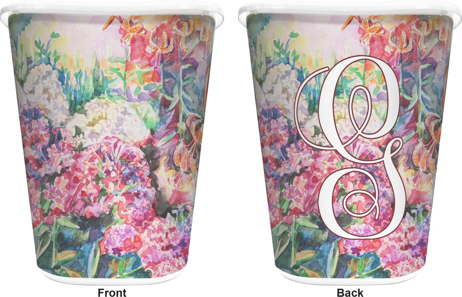 RNK Shops Personalized Watercolor Floral Waste Basket - Double Sided (Black)