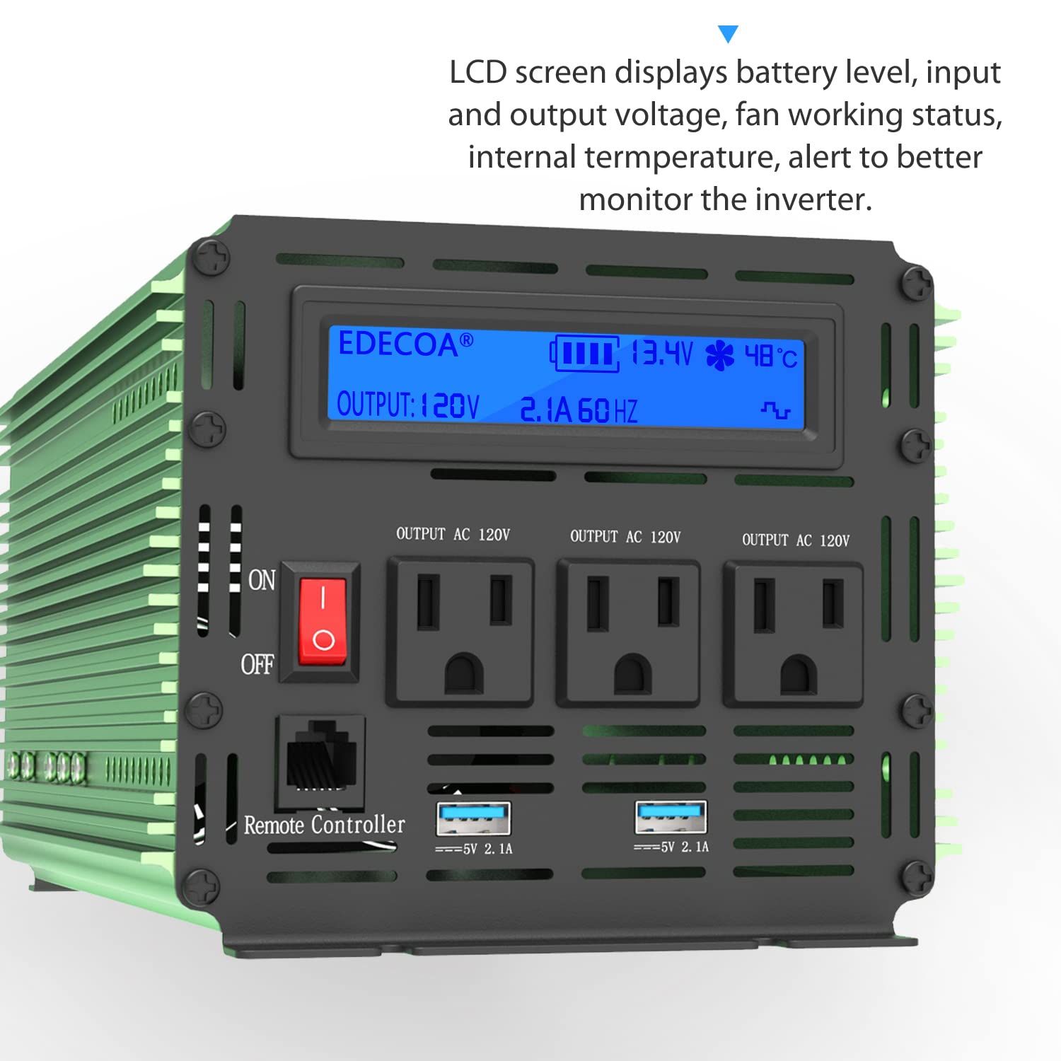 EDECOA 2000W Power Inverter 12V DC to 110V 120V AC 2000 Watts with Remote Control LCD Display USB 3 Outlets for Cars, Trucks, RVs, Rural Cabins
