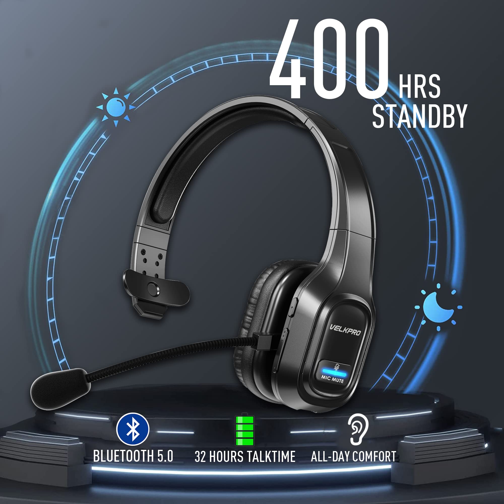 VELKPRO Wireless Headset with Microphone - Single-Ear Headphone, Adjustable Headband, Noise Isolation Mic - Communication for Truck Drivers, Home Office, Call Center