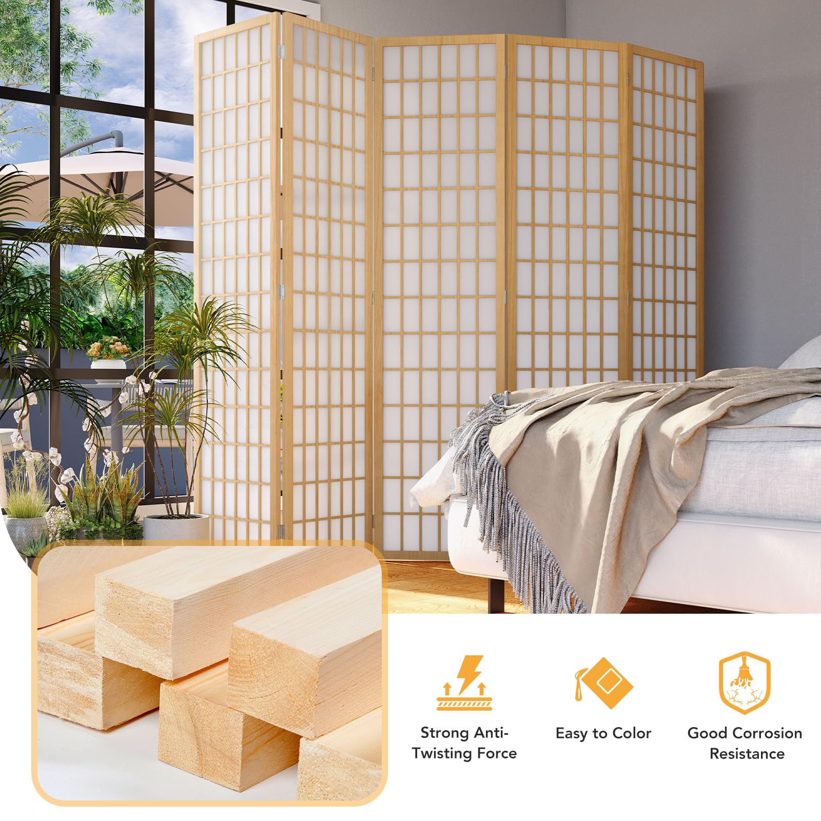 JOSTYLE Room Divider Wall Shoji Screen, 6 Panel Folding Privacy Screen for Room Separation, Japanese Wood Room Divider Screen, 5.9 Ft, Natural