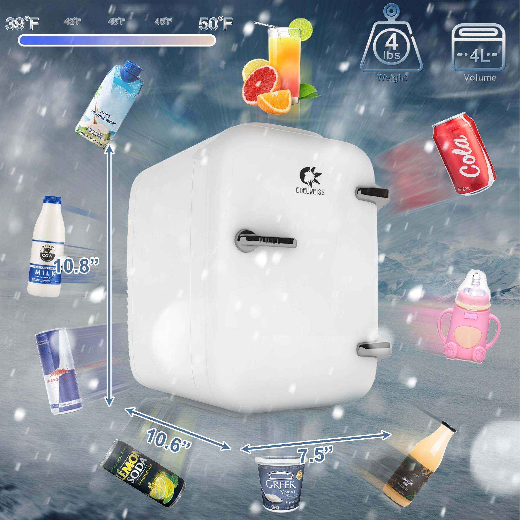 EDELWEISS Skincare Fridge, Mini Fridge for Bedroom, Makeup Refrigerator, Tiny Cosmetic Beauty Fridge, Desk Fridge for Office, Small Breastmilk Fridge, Portable Design with Handle, 4 Liter/6 Can