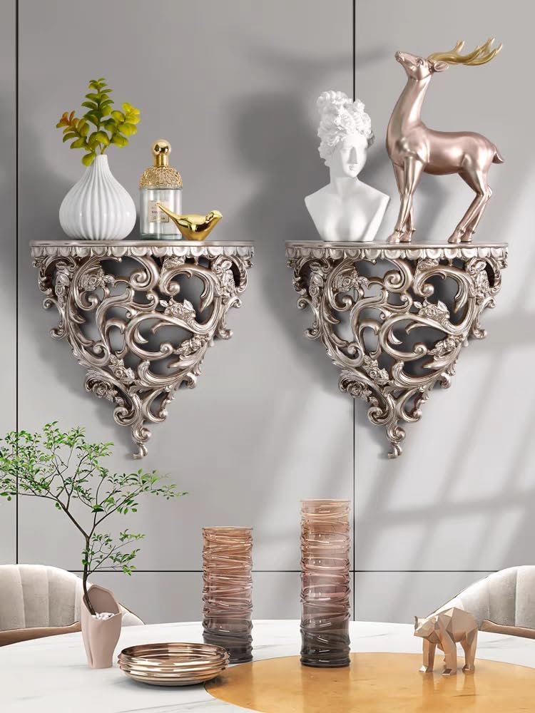 OKJHFD Floating Shelves Wall Hanging Shelves Storage Racks European Style Installation Baroque Style Hollow Decoration Shelves Unique Art Elements Home Living Room Decorations