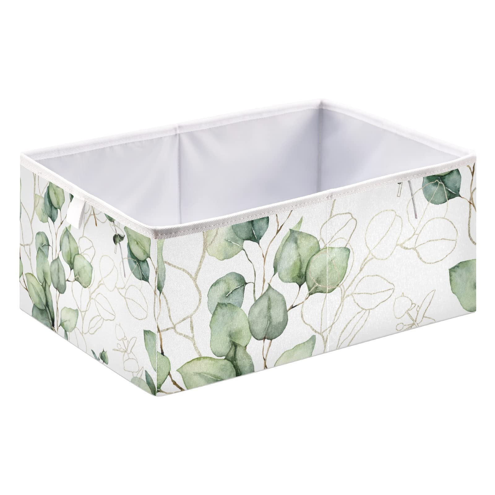 Gold Eucalyptus Branches, Green Eucalyptus Leaves Golden Linear Leaves Square Storage Basket Bin, Collapsible Storage Box, Foldable Nursery Baskets Organizer for Toy, Clothes Easy to Assemble