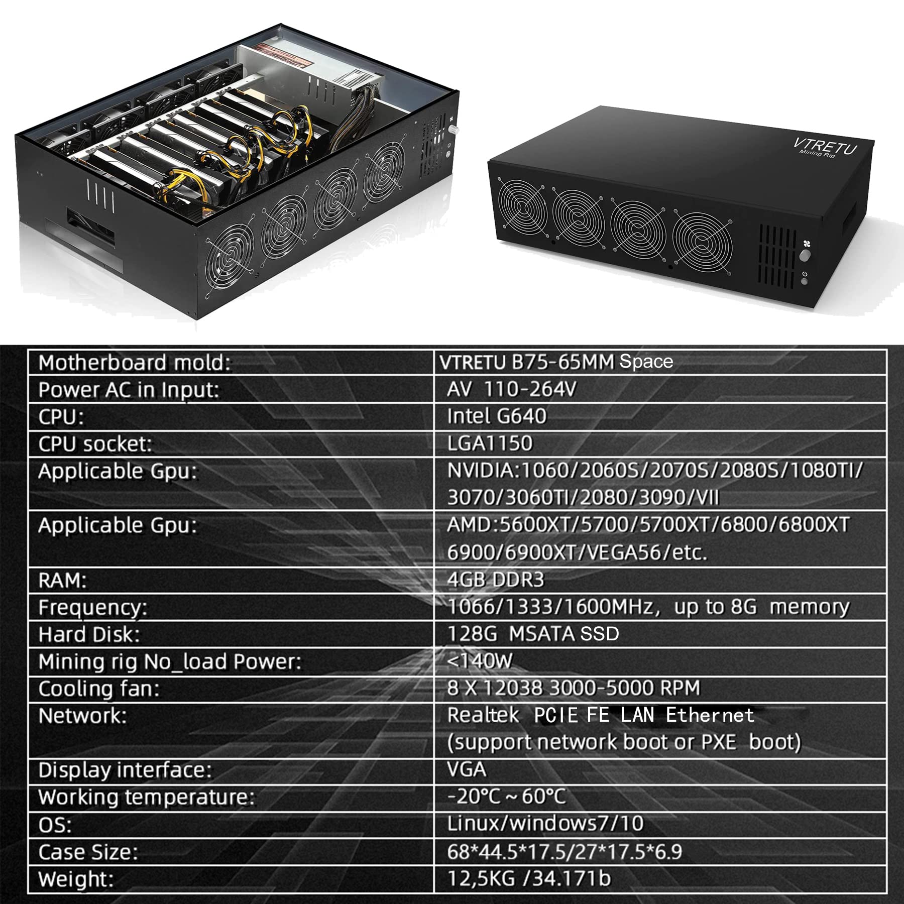 VTRETU Ethereum GPU Mining Rig with 8 GPU Mining Motherboard and 2000W Power Supply(110-264V) 8 Cooling Fans for Crypto Mining Rig Complete ETH Miner (Excluding GPU), black (V01)