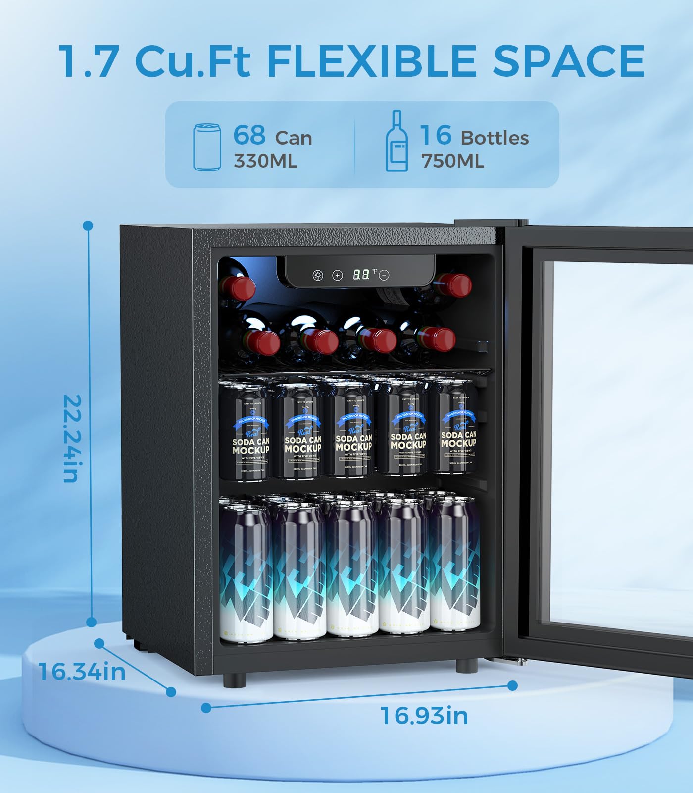 Joy Pebble Beverage Refrigerator and Cooler,1.7 Cu.ft,68 Can Mini Fridge Clear Glass Door for Wine Soda Beer,16 Bottle Wine Cooler with Touch Screen Adjustable Shelves for Home Bar Office,Black