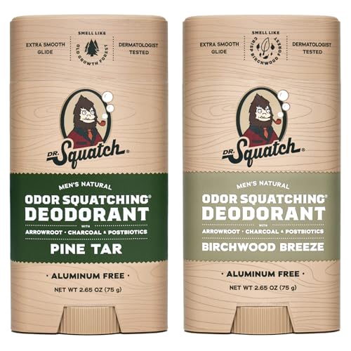 Dr. Squatch Natural Deodorant for Men – Odor-Squatching Men's Deodorant Aluminum Free - Pine Tar + Birchwood Breeze (2.65 oz, 2 Pack)