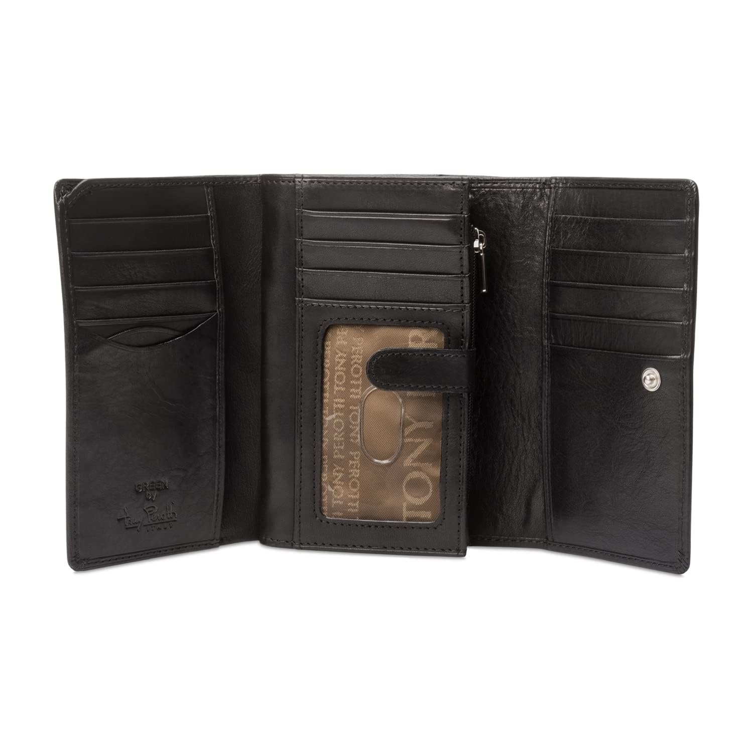 Tony Perotti Womens Italian Cow Leather Trifold Euro Clutch Wallet with ID Window and Coin Pouch in Black
