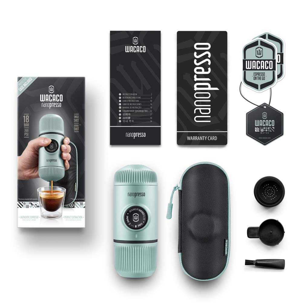 WACACO Nanopresso Portable Espresso Maker with Case, Mini Travel Coffee Machine, Perfect for Camping, Travel and Office( Elements Arctic Blue)