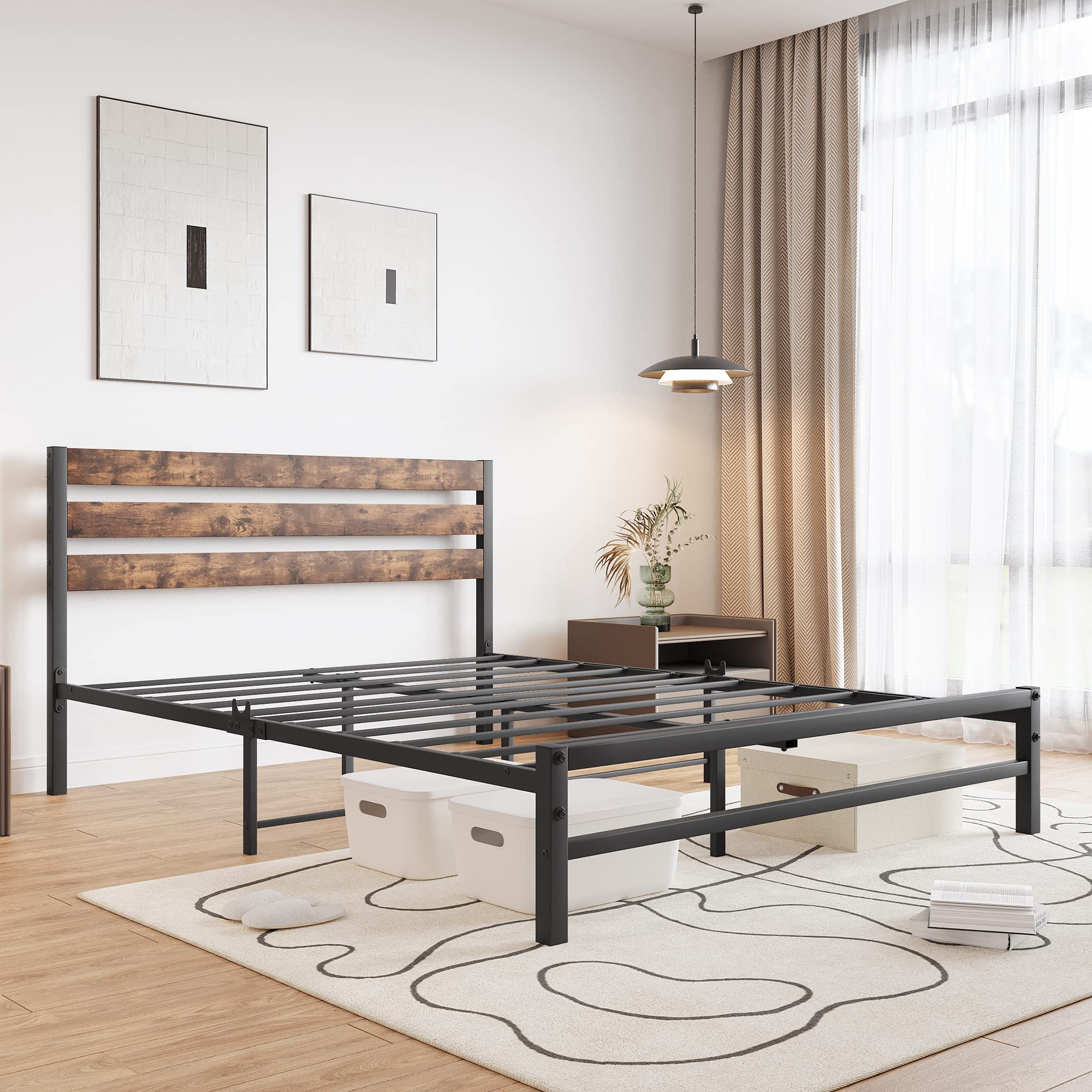 Crocofair Platform Queen Bed Frame with Vintage Wood Headboard,Mattress Foundation,Strong Metal Slats Support,No Box Spring Needed,Easy Assembly,Noise-Free,Black & Rustic