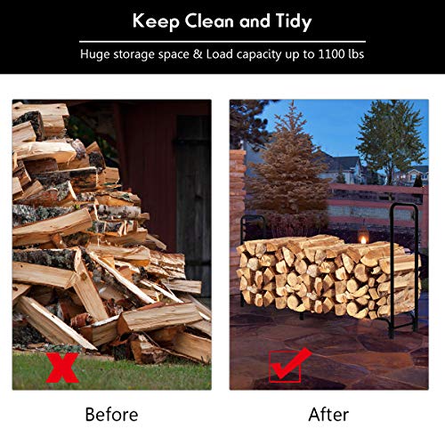 Goplus 8ft Firewood Log Rack, Outdoor Heavy-Duty Firewood Storage Holder w/Sturdy Steel Tubular Frame, Easy Assembly Rustproof Fireplace Wood Stacker for Fireplace, Patio, Deck, Fire Pit, 8ft Black