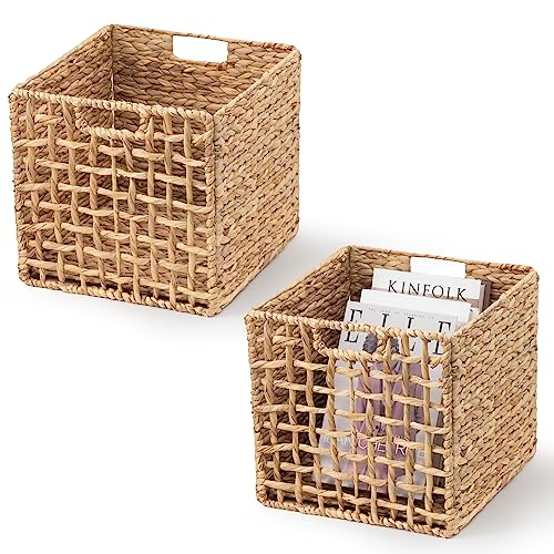 GaiaMade Water Hyacinth Storage Basket Set Of 2, Natural Foldable Storage Cubes, Handwoven Cube Organizer Bins For The Living Room And Laundry, Special Pattern.