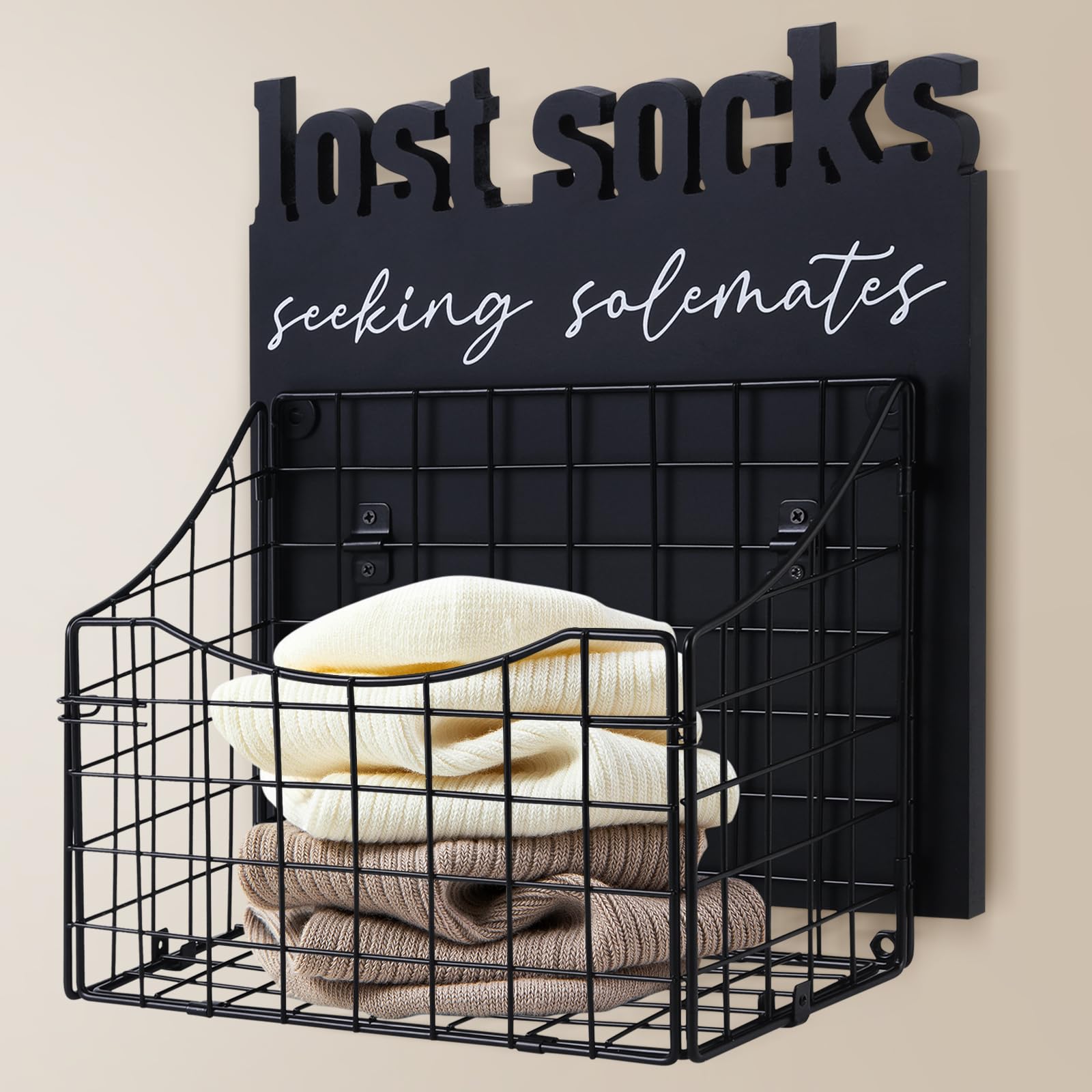 TSIMHOMED Lost Socks Basket - Creative Laundry Room Organization and Decor, Black Metal Lost Socks Laundry Sign, Housewarming Gifts