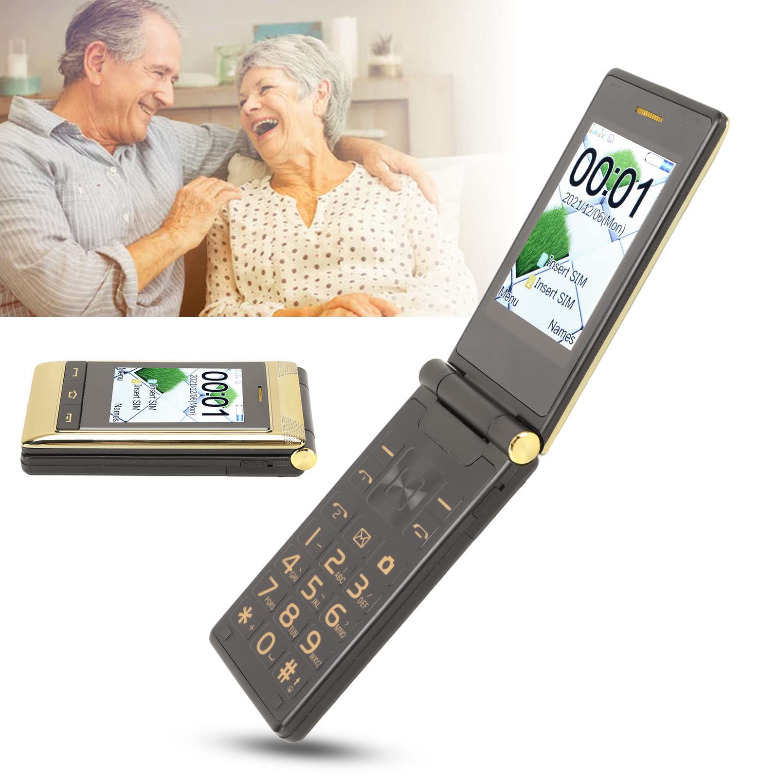 Flip Cell Phone for Seniors,G Seniors Phone,3.0 Inch Double Sided Large Screen Cell Phone,Long Standby Dual SIM Phone, 5900mAh 1.3 MP Support Flashlight Camera Music Player (Gold)