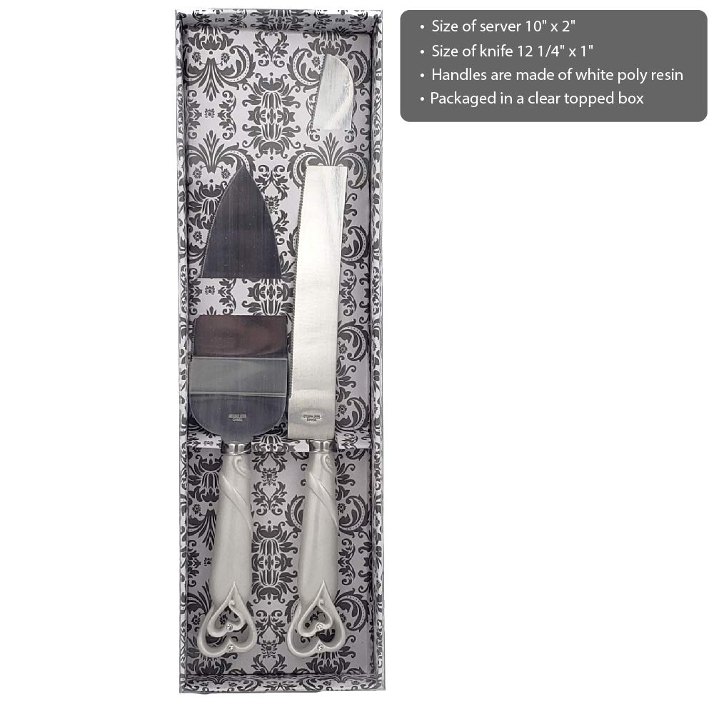 FASHIONCRAFT 2401 Interlocking Hearts Design Cake Knife and Server Set, Wedding Cake Knife and Server Set, Silver Stainless Knife Set