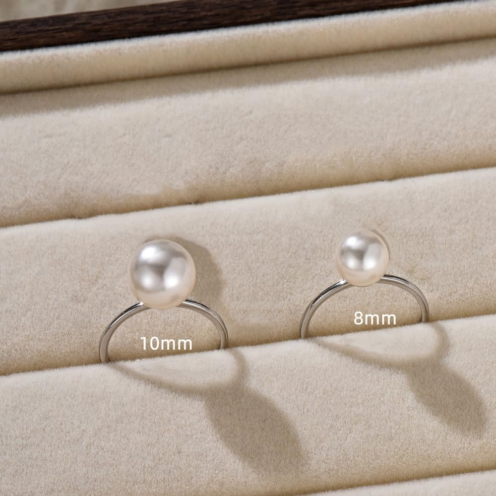 Dtja Shell Pearl 925 Sterling Silver Adjustable Ring for Women Expandable Round Ball Wedding Statement Finger Rings Comfort Fit Simple Elegant Engagement Promis Birthday Jewelry Gift (10mm)