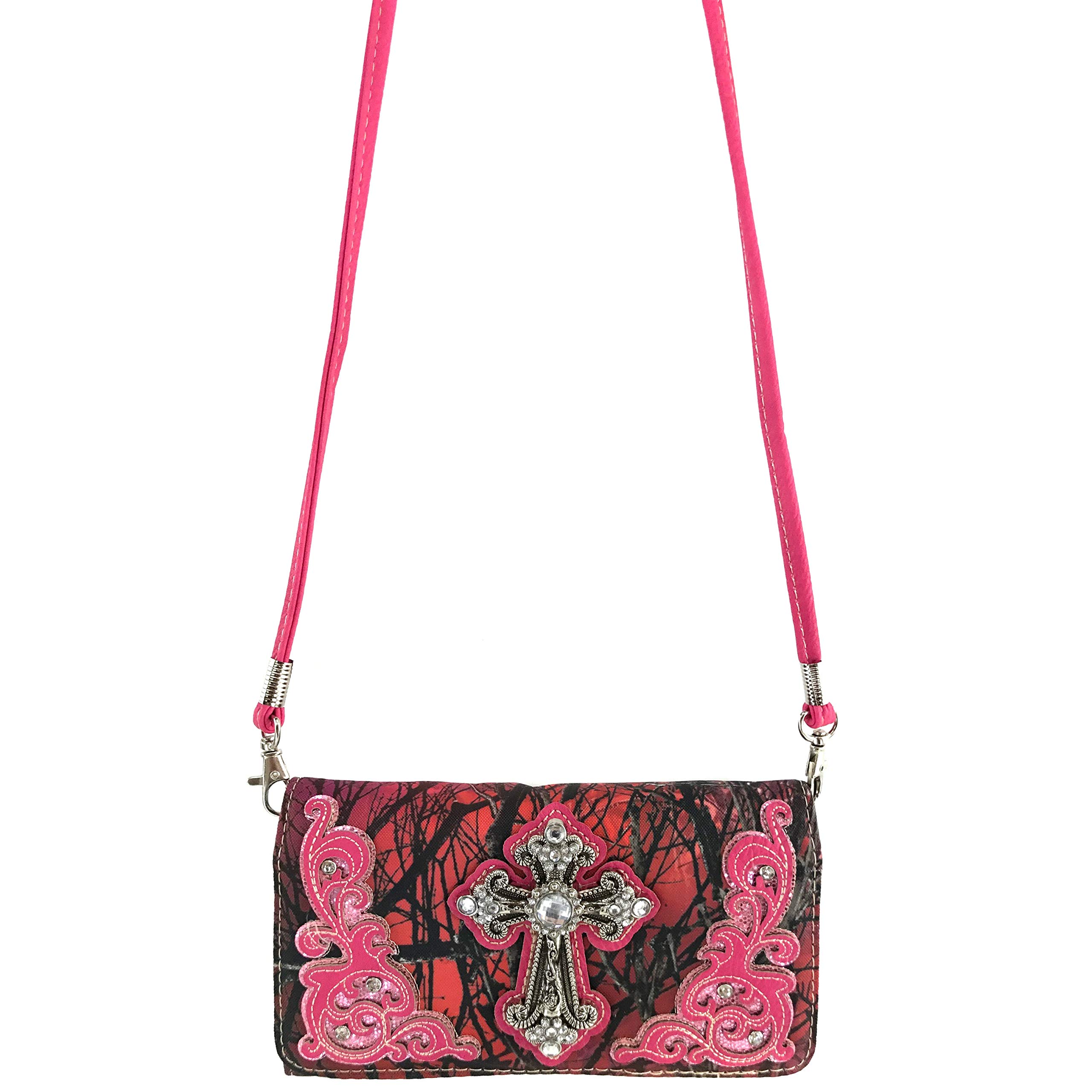 Zelris Camouflage Shine Glow Silver Cross Women Crossbody Trifold Wallet (Hot Pink)