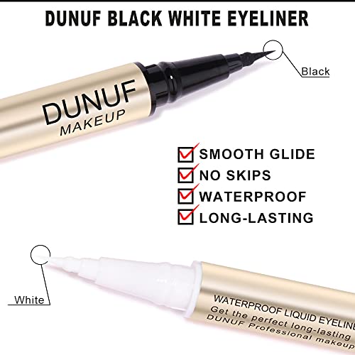 DUNUF MAKEUP 2 in1 Waterproof Liquid Eyeliner, Pitch Black, White,white liquid liner,0.02 Fl Oz (Pack of 1)