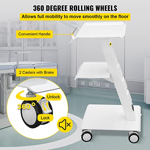 VEVOR Lab Trolley, Rolling Lab Cart w/Built-in Socket, 3 Layers Tray Rolling Clinic Cart, 360° Silent Rolling Wheels w/Foot Brake, 88 lbs Weight Capacity Sturdy Steel Frame, for Lab Clinic Salon
