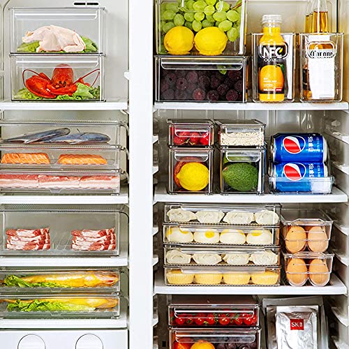 elabo Food Storage Containers Fridge Produce Saver- Stackable Refrigerator Organizer Keeper Drawers Bins Baskets with Lids and Removable Drain Tray for Veggie, Berry and Fruits