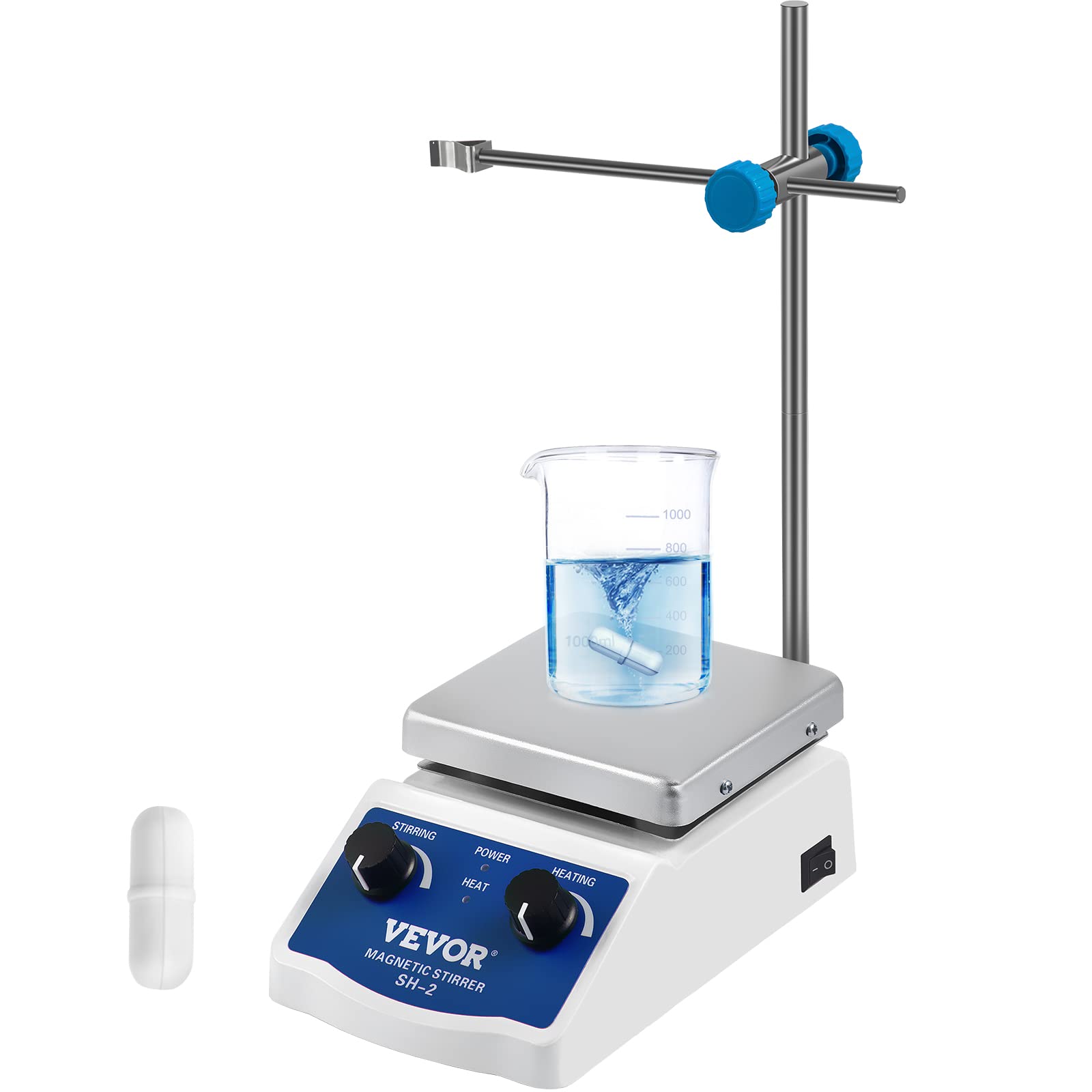 VEVOR SH-2 Magnetic Stirrer, 0-2000 RPM, 1000ml Mixing Capacity Laboratory Magnetic Stirrer Hotplate w/Stand, 180W Heating Power & 380°C Max Heating Temperature, for Lab Liquid Mixing Heating