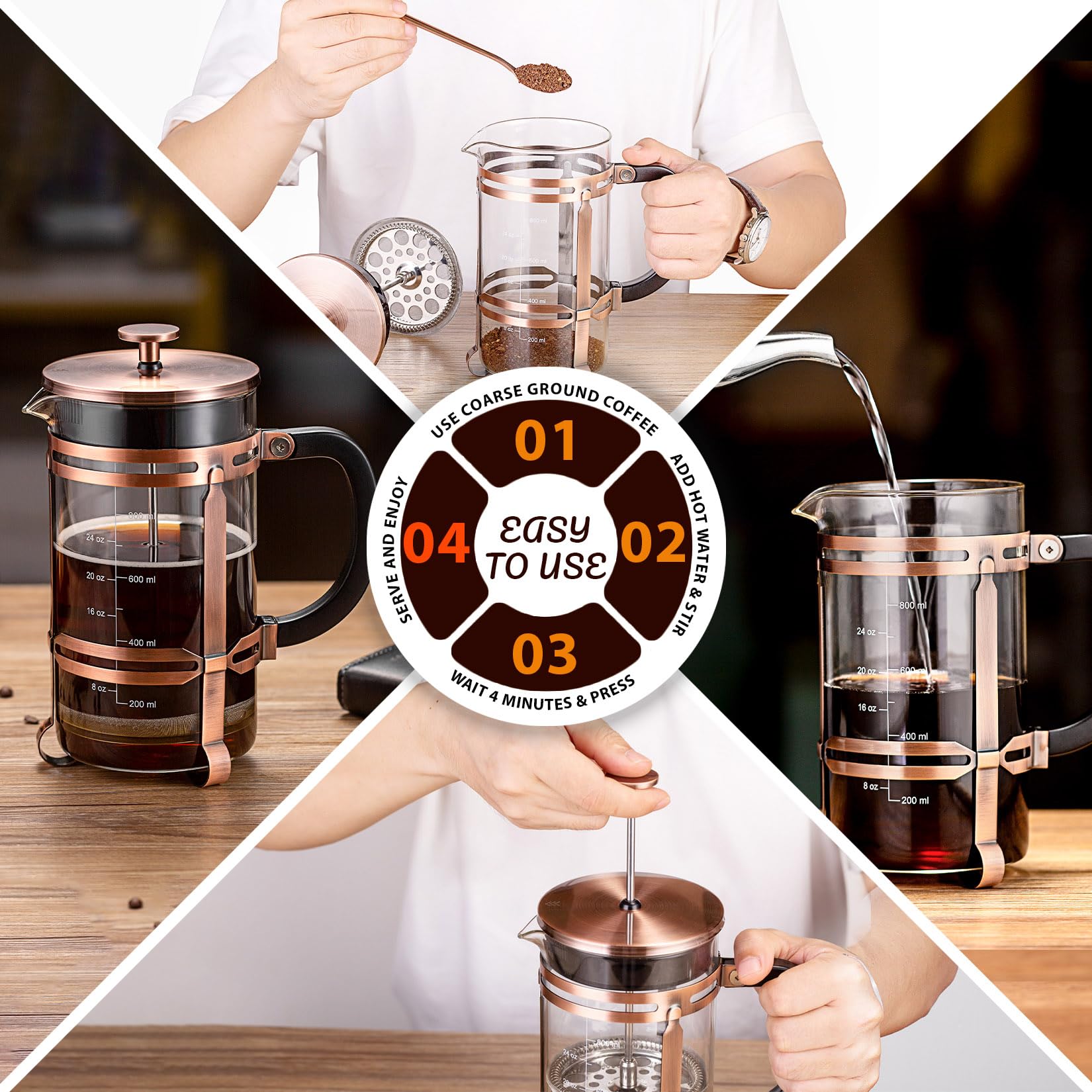 French Press Coffee Tea Maker（34oz）,304 Stainless Steel Coffee Press with 4 Filters Screen-100% No Residue -German Heat-Resistant Borosilicate Glass- BPA FREE -Dishwasherable，Copper