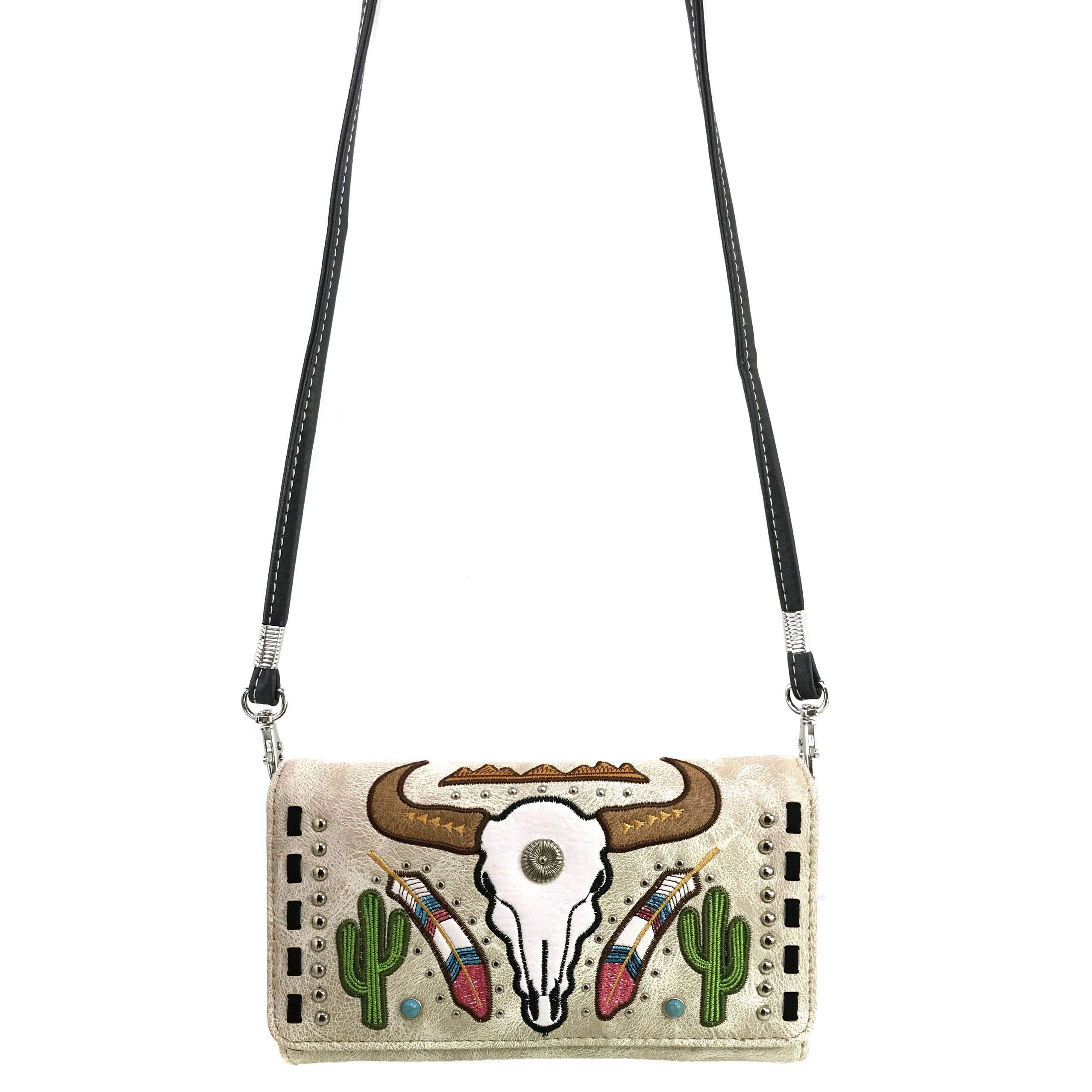 Zelris Design Native Longhorn Cow Skull Cactus Feather Color Crossbody Trifold Wallet (Turquoise)