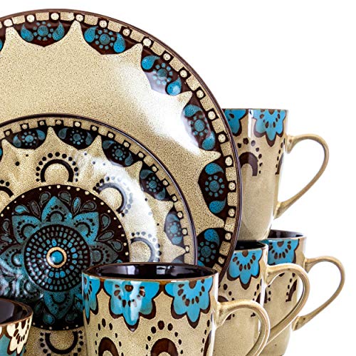 Elama CLAYHEART16 Clay Heart 16 Piece Luxurious Stoneware Dinnerware with Complete Setting for 4, 16pc, pc, Tan, Blue, Brown